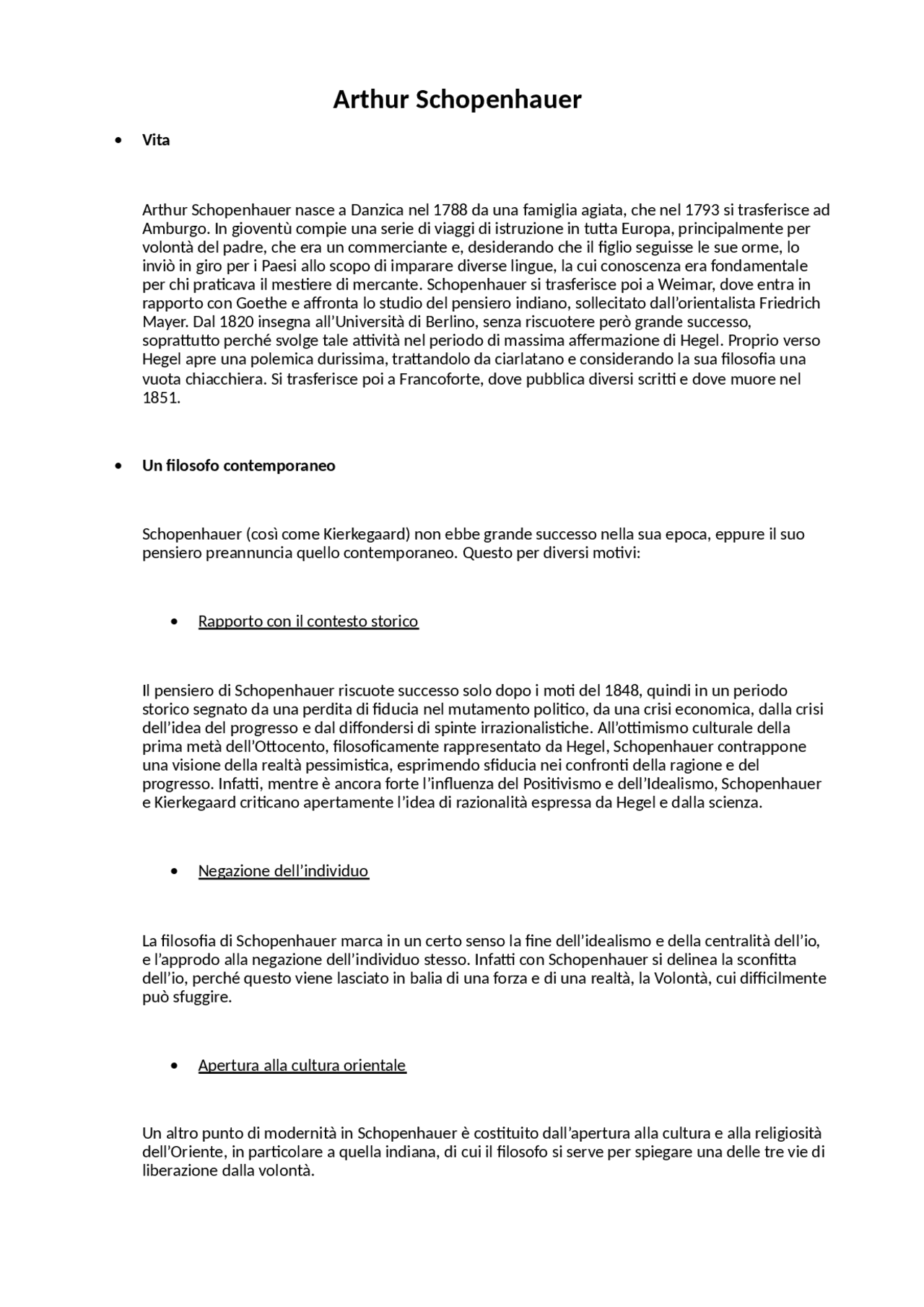Schopenauer Vita Ed Opere Docsity