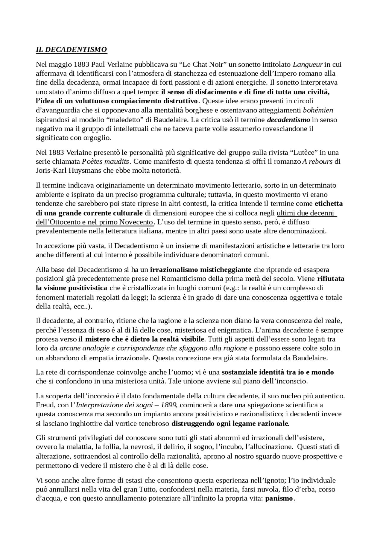 Decadentismo italiano - il romanzo decadente - Docsity