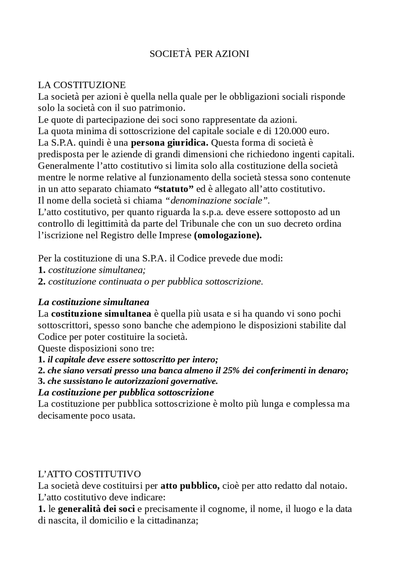 Riassunto Schematico Sulle SocietÀ Per Azioni Docsity