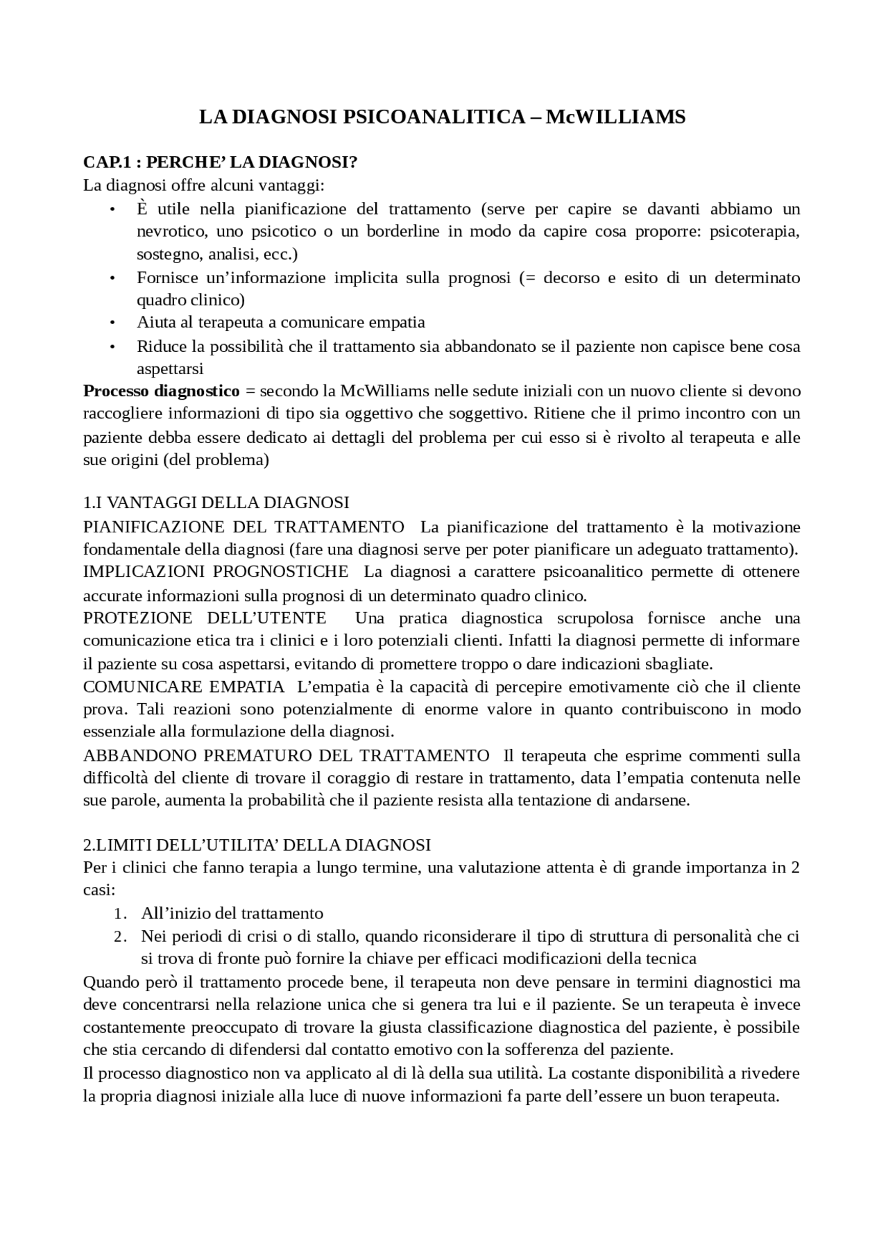 Riassunto La Diagnosi Psicoanalitica A Cura Di Mcwilliams Docsity