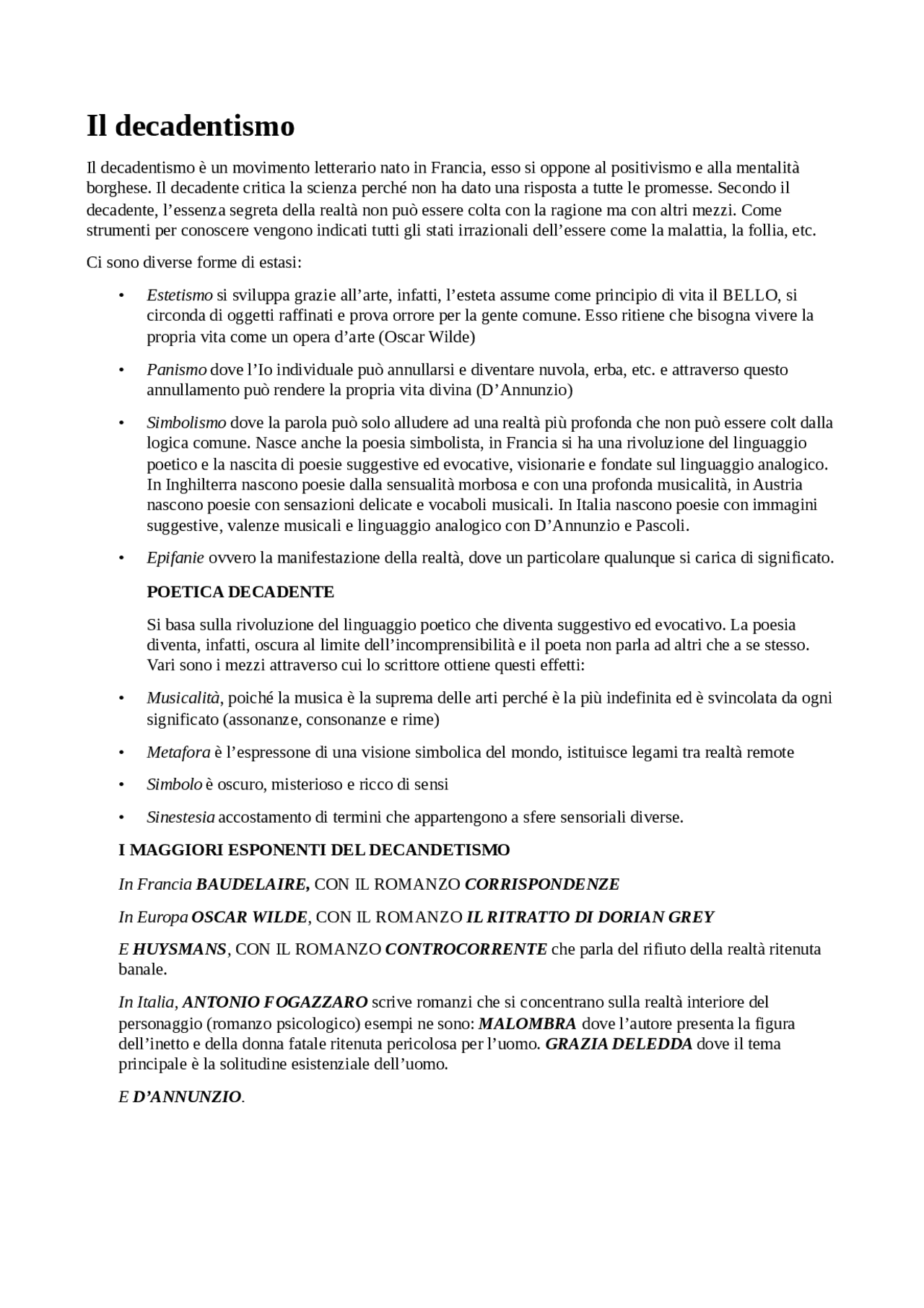 Il Decadentismo Riassunto Docsity