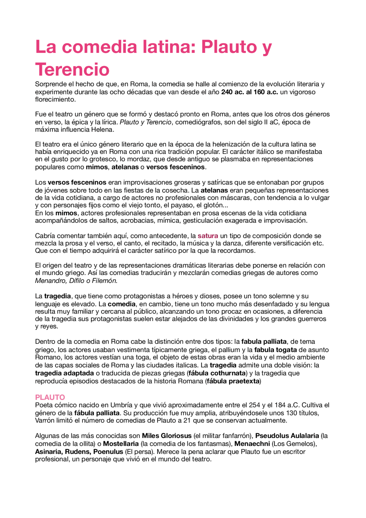 La comedia latina: Plauto y Terencio | Resúmenes de Latín | Docsity