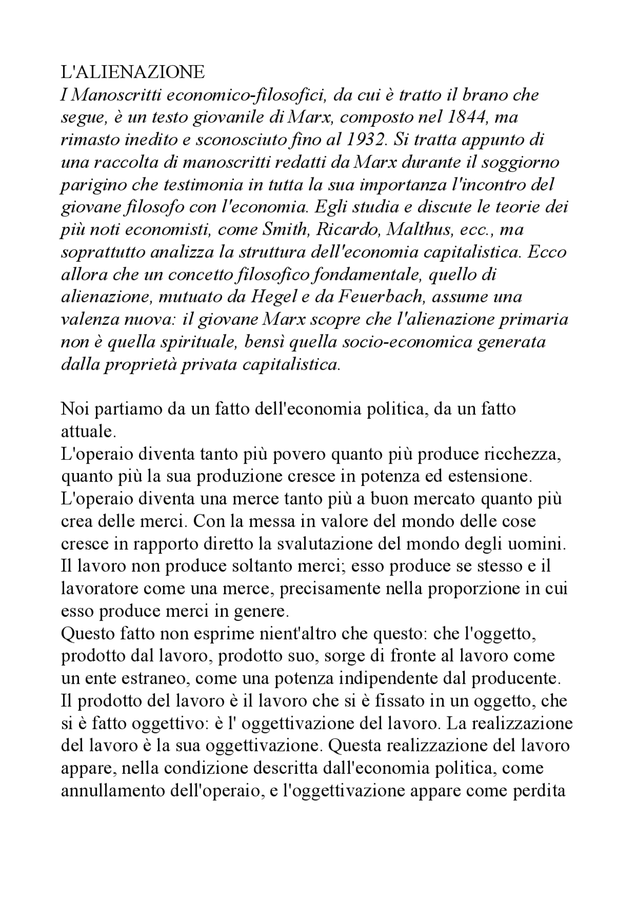 L'alienazione secondo Marx - Docsity