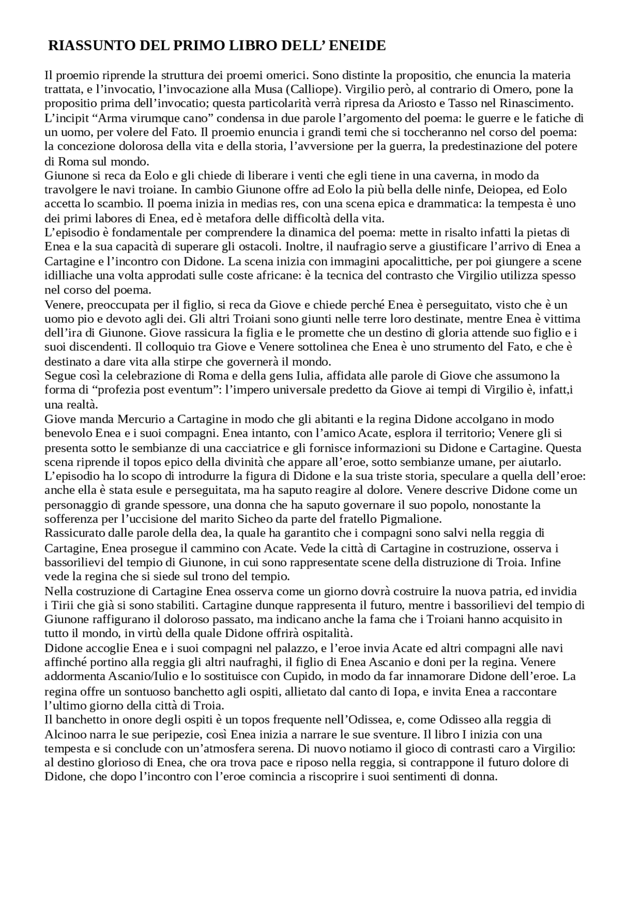Riassunto del Libro I dell’Eneide - Docsity