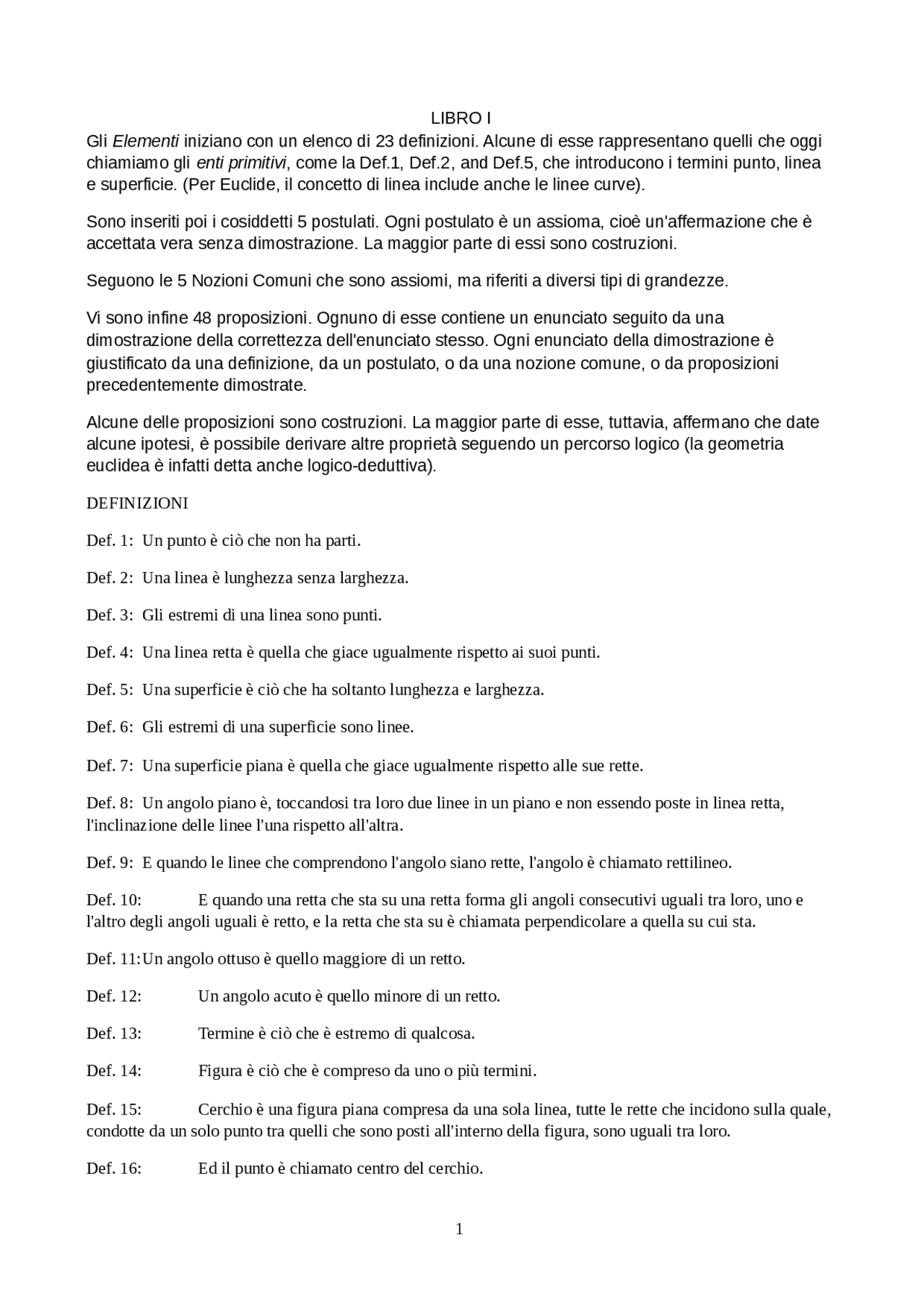 Gli elementi di Euclide libro I | Appunti di Geometria - Docsity