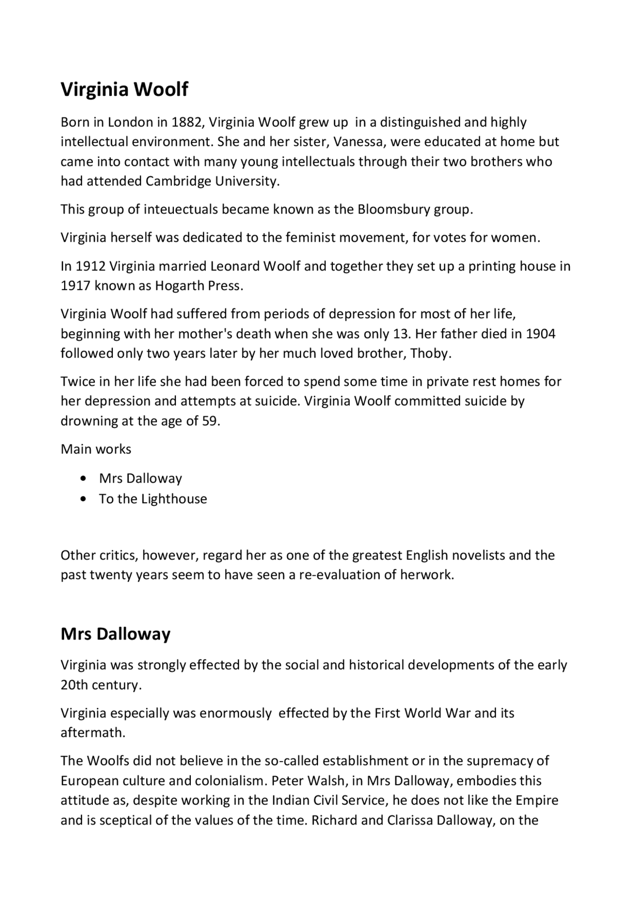 Virginia Woolf And Mrs Dalloway Docsity