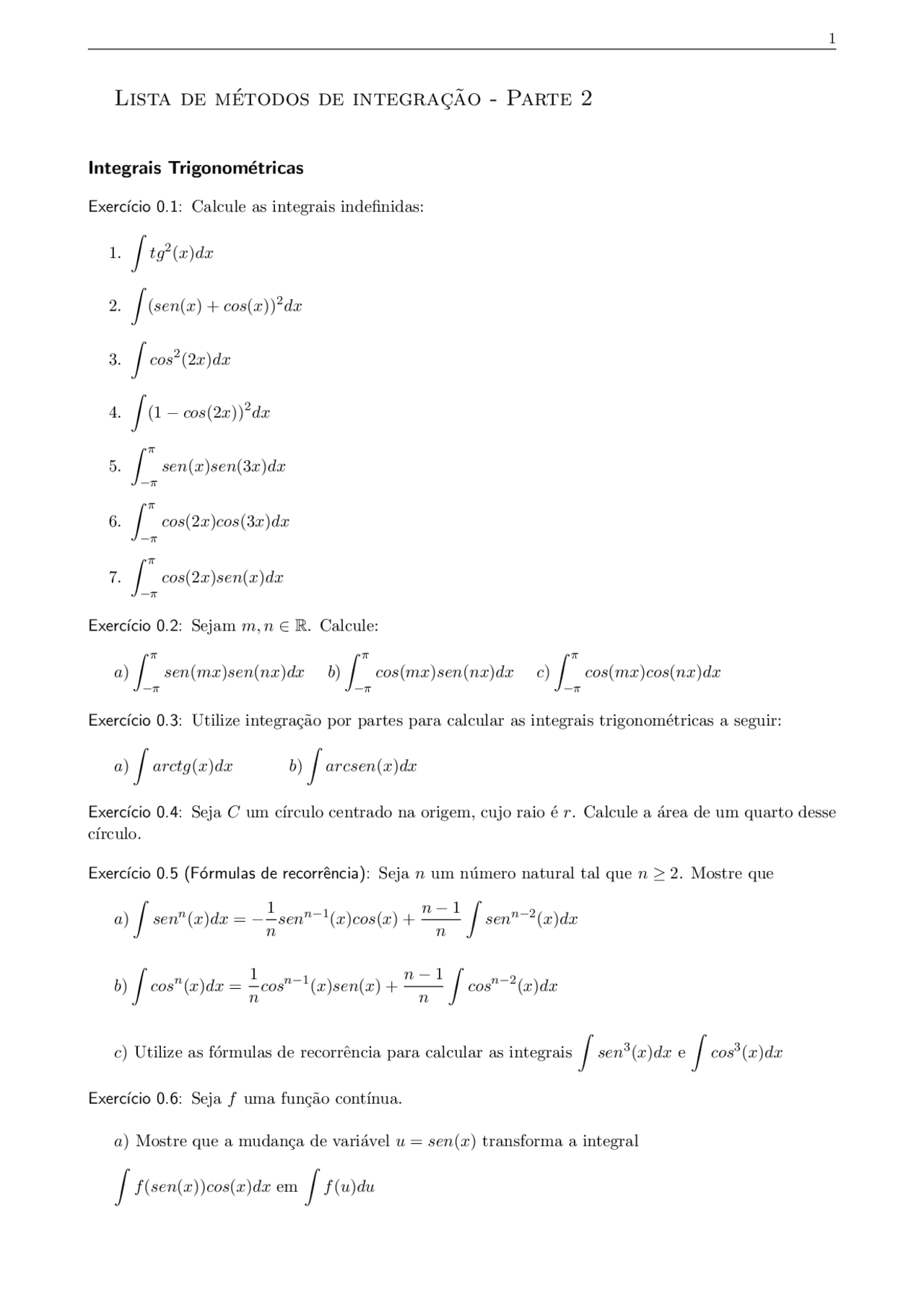 Lista De Integrais Trigonométricas Exercícios Cálculo Docsity