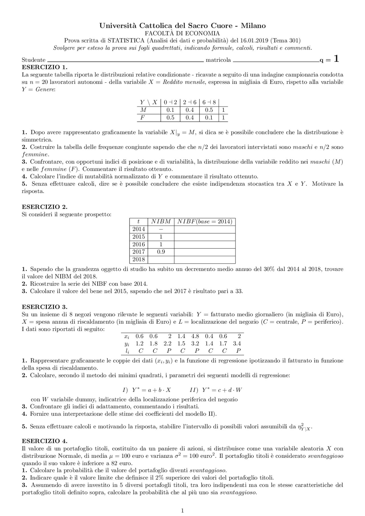 Esame Statistica 20182019 Docsity