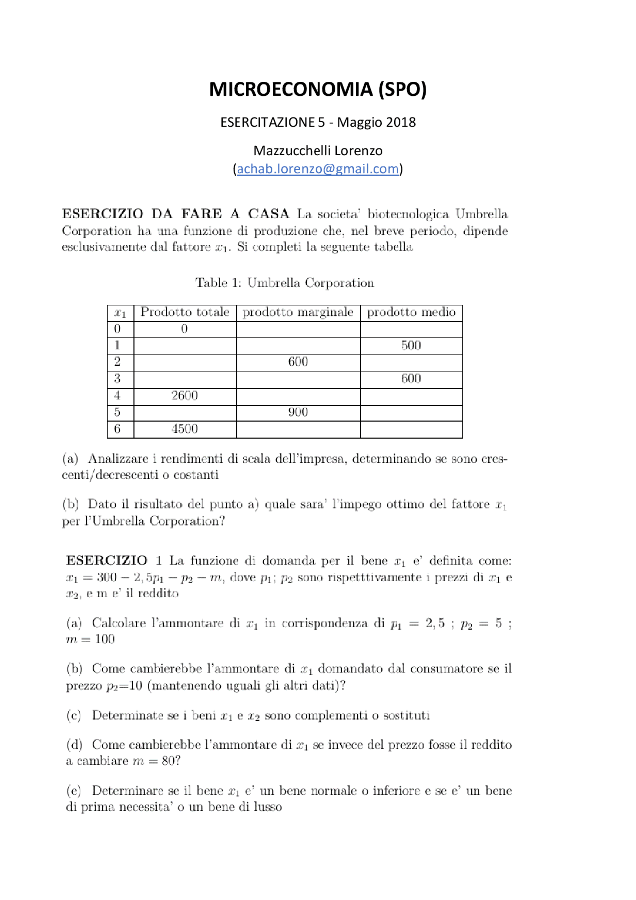 Esercitazione Microeconomia Spo Unimi Docsity