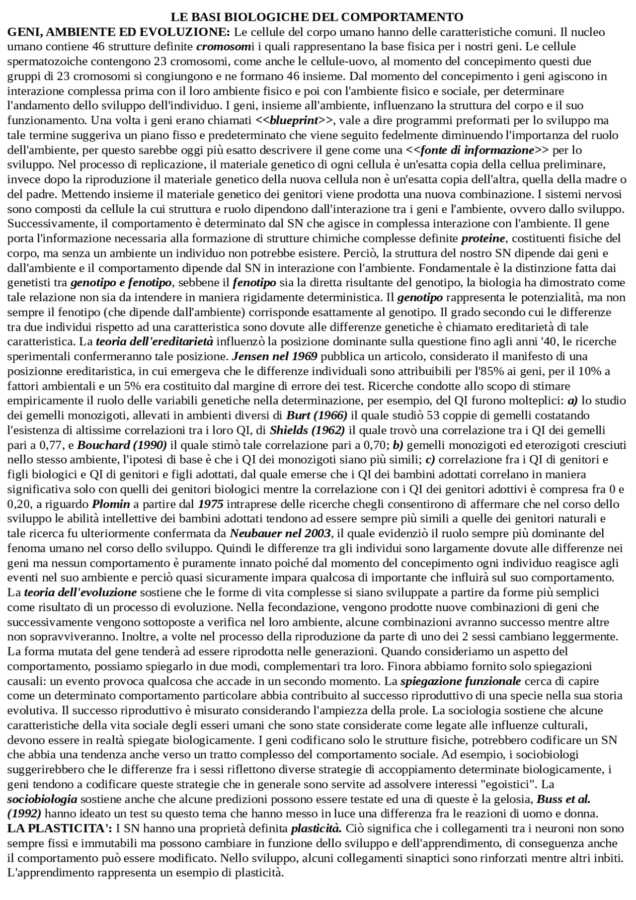 Le Basi Biologiche Del Comportamento Nozioni Essenziali Docsity
