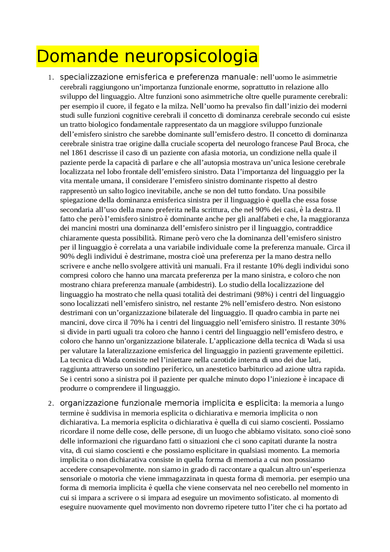 Neuropsicologia Esame Docsity