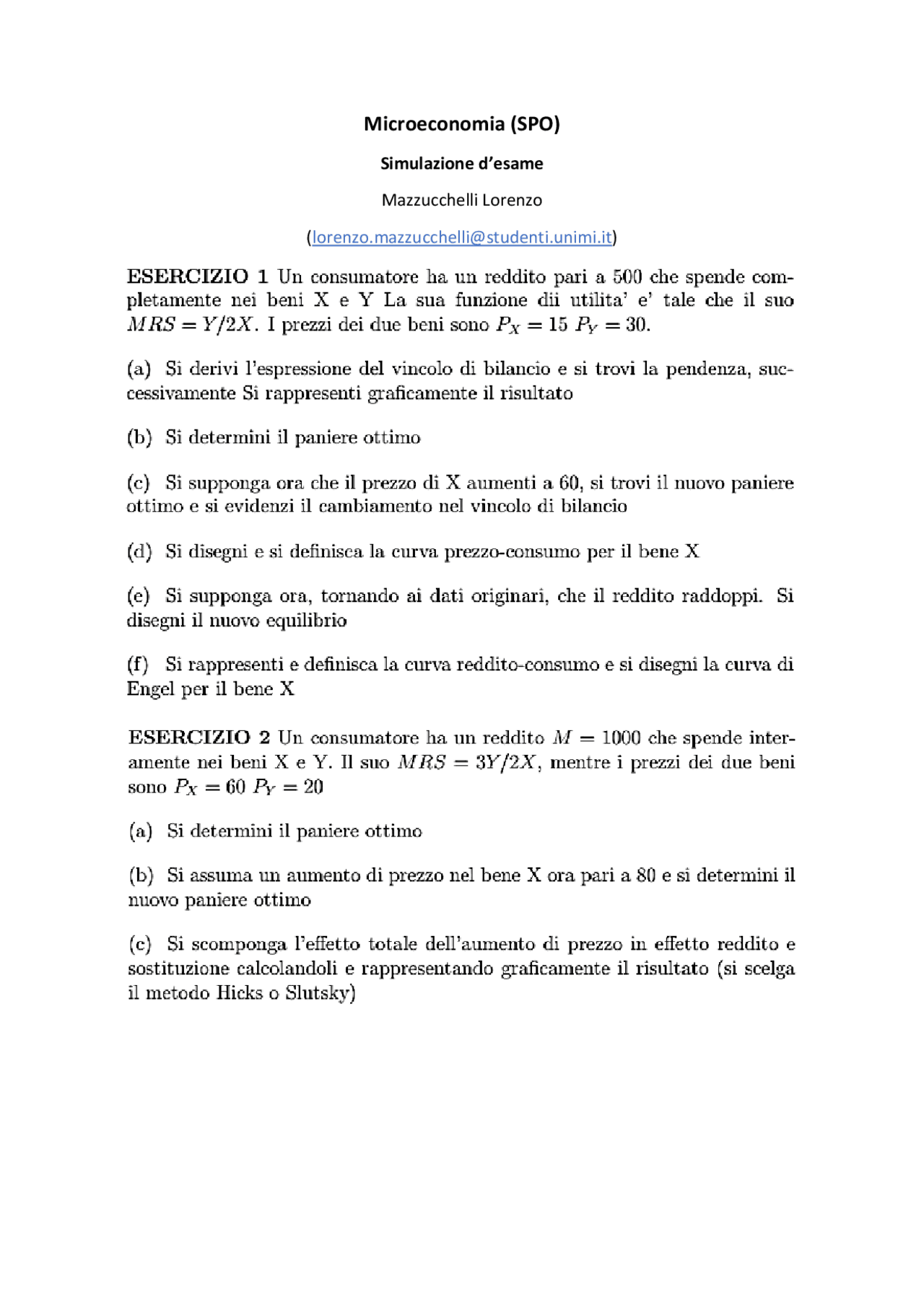 Simulazione Esame Microeconomia Prove Desame Di Microeconomia Docsity