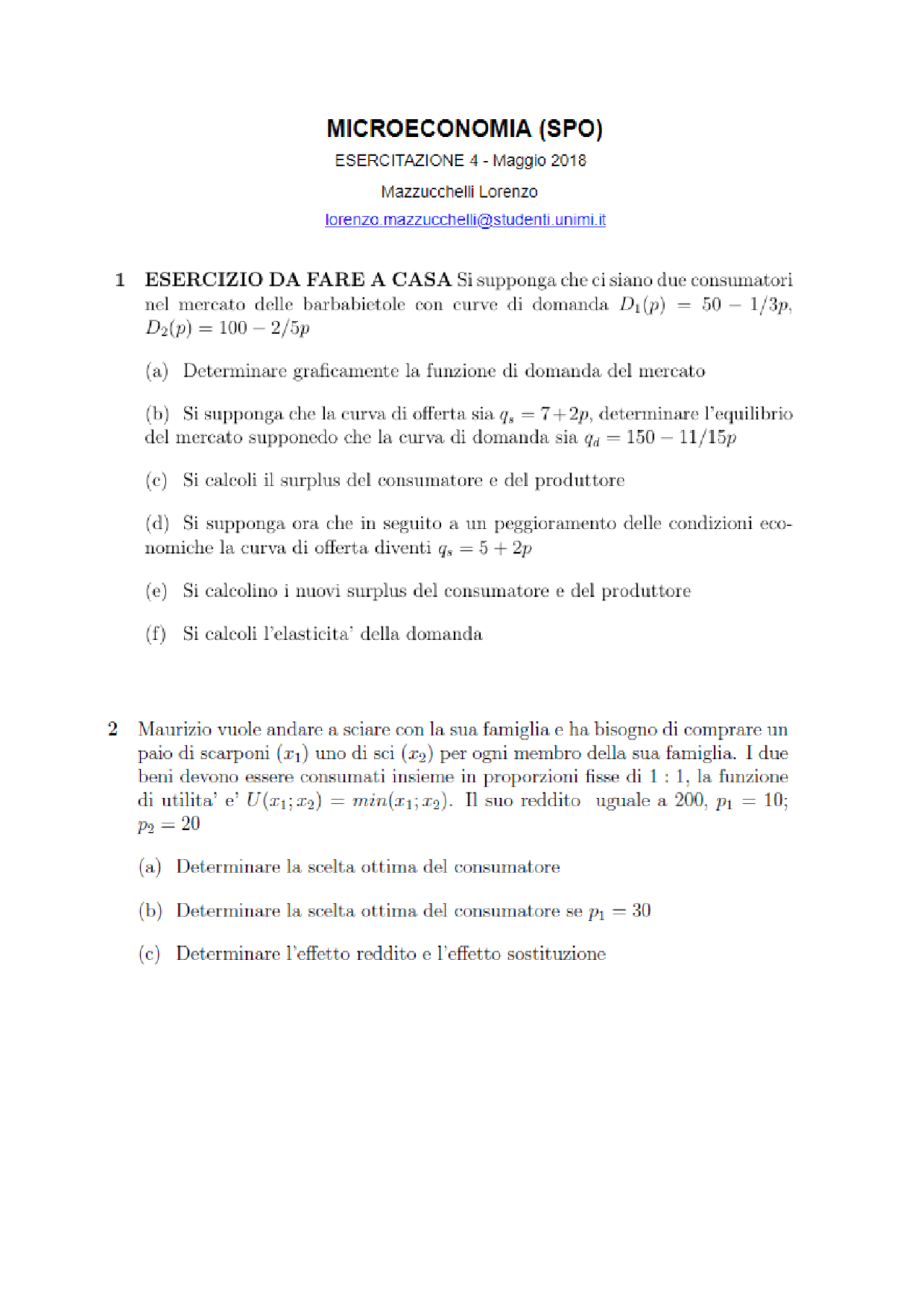 Esercitazione Microeconomia Spo Unimi Docsity
