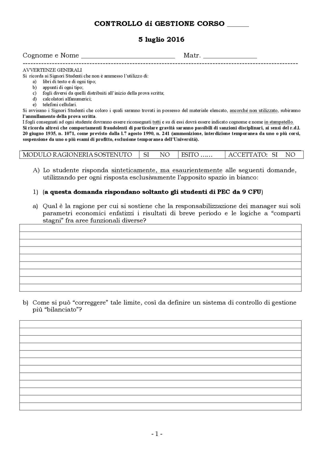 Prova Desame Controllo Di Gestione Docsity