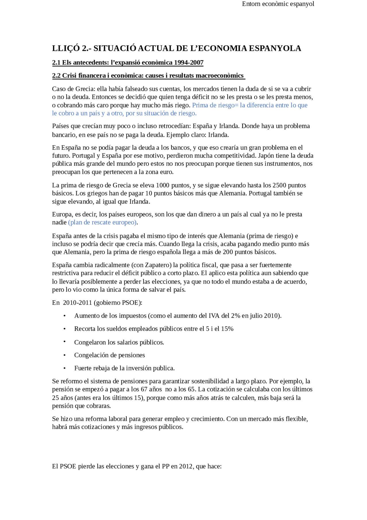 Tema 2 Entorn Econòmic Espanyol Docsity