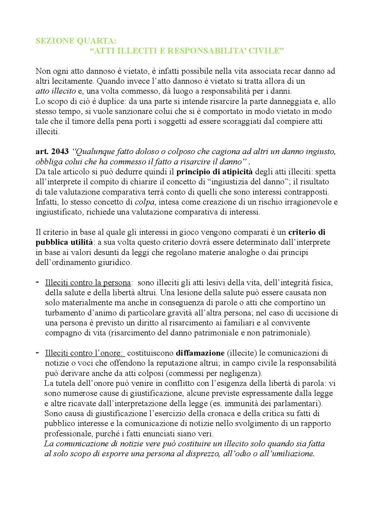 Atti Illeciti E Responsabilità Civile Docsity