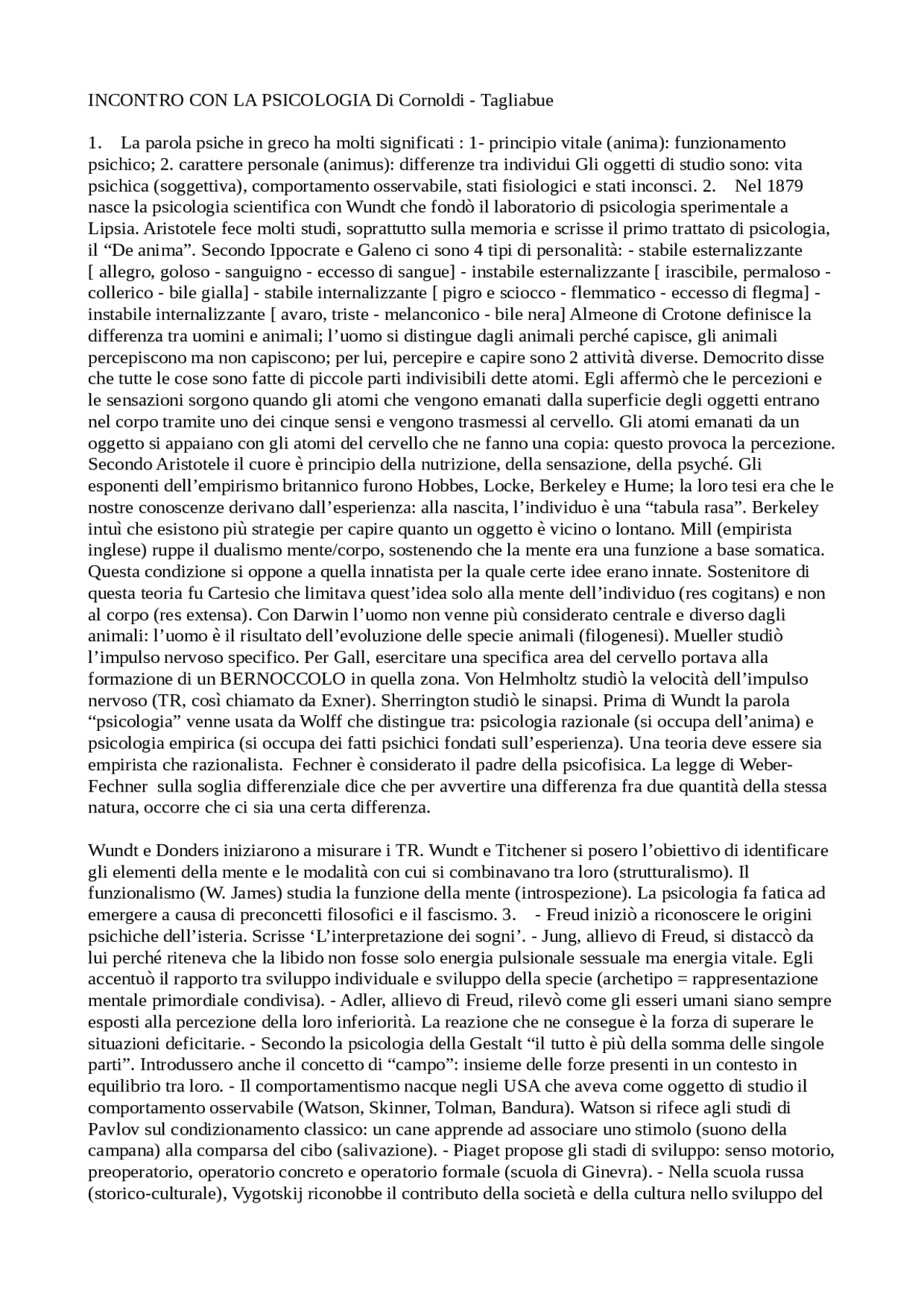 Incontro Con La Psicologia Di Cornoldi E Tagliabue Riassunto Docsity