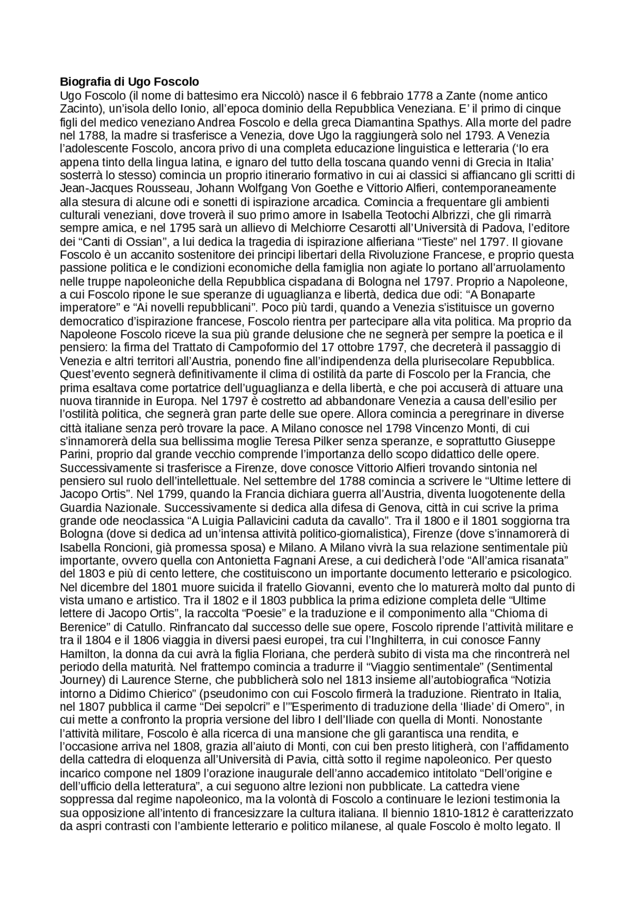 Riassunto Vita E Opere Foscolo Alfieri E Parini Docsity