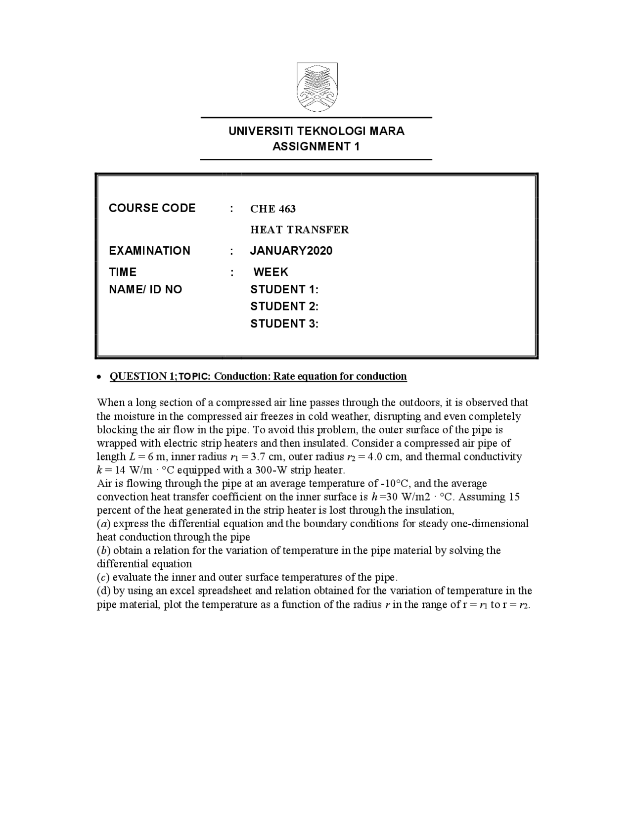 Assignment Heat Transfer Docsity