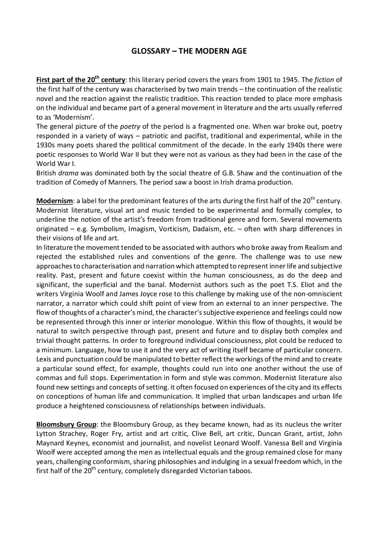 Glossary The Modern Age Docsity
