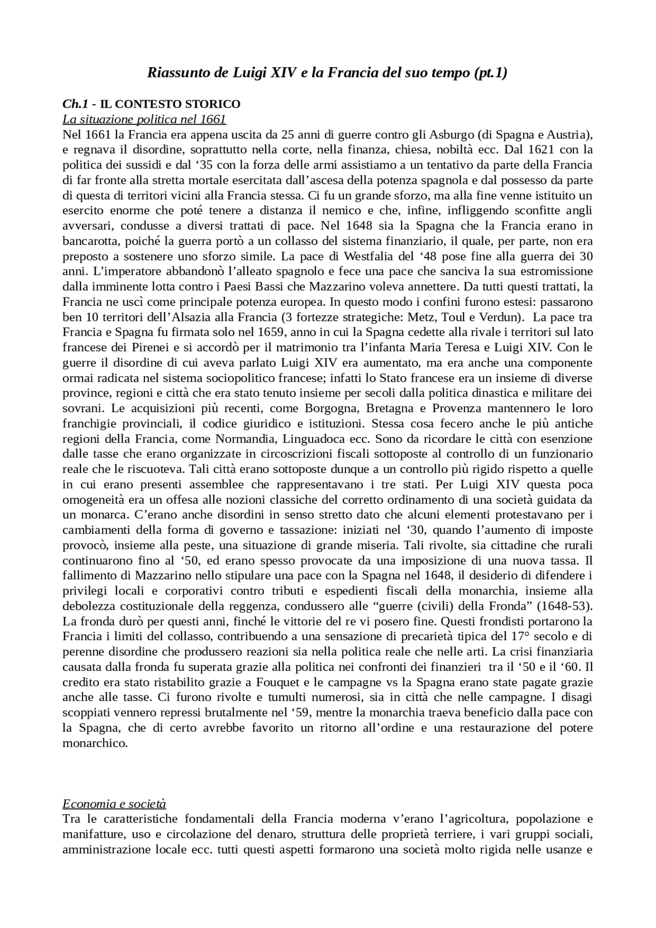 Luigi Xiv E La Francia Del Suo Tempo Docsity