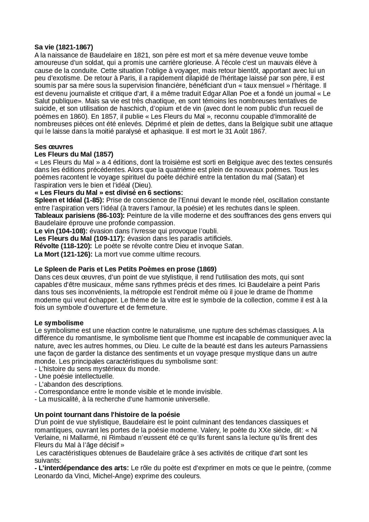 Riassunto Letteratura Francese Baudelaire Docsity