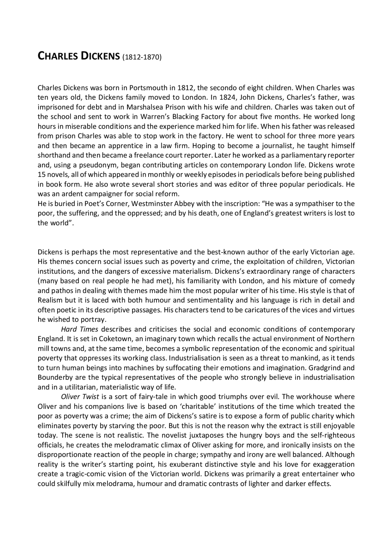 Charles Dickens Brief Summary Dispense Di Inglese Docsity