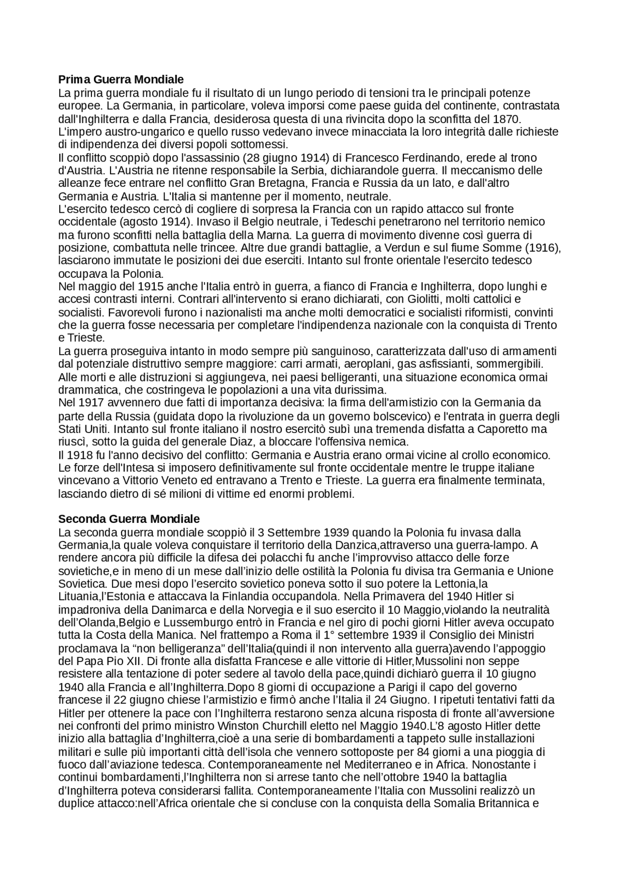 Riassunto Delle Due Guerre Mondiali Storia Docsity
