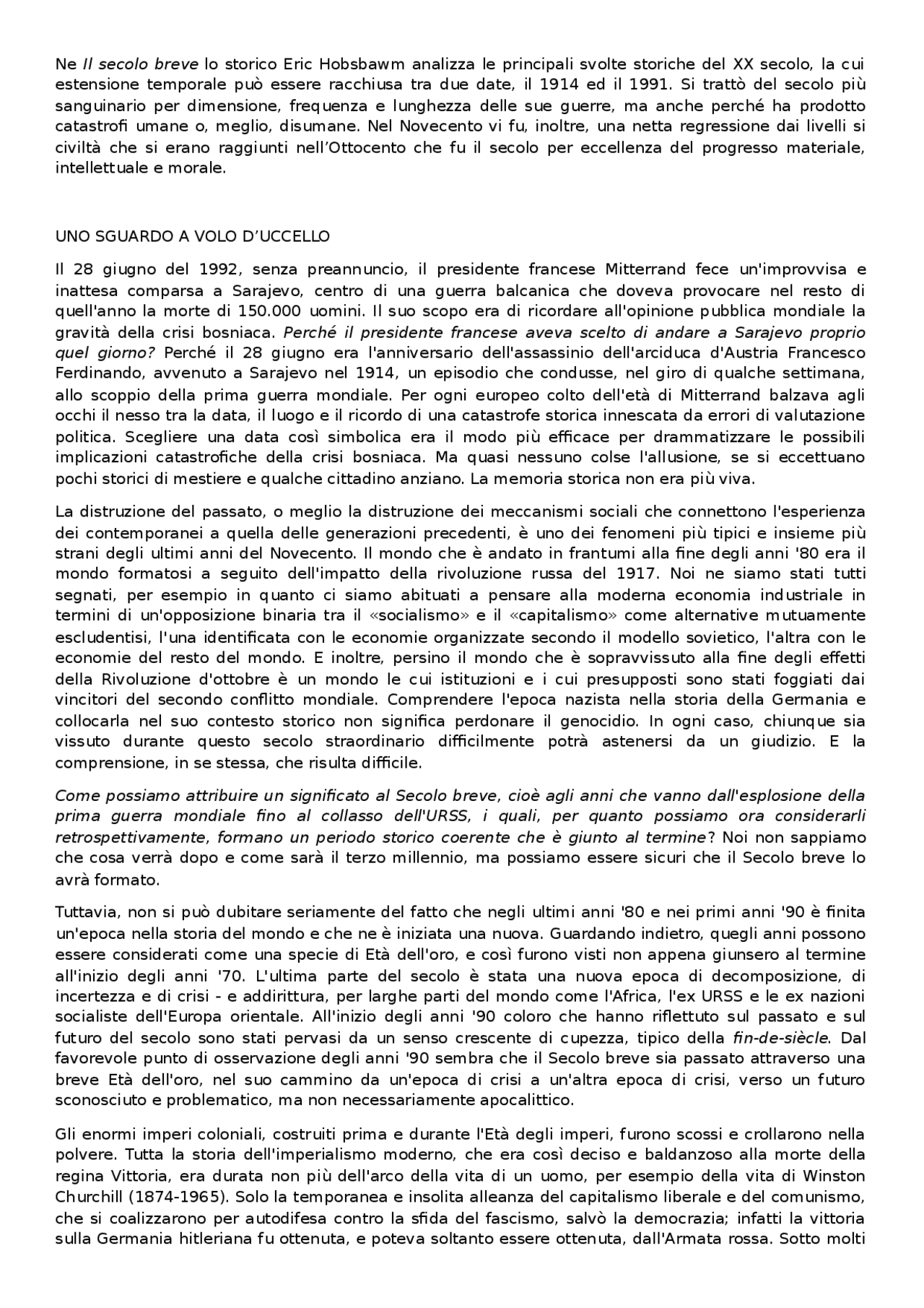 IL SECOLO BREVE DI HOBSBAWM | Appunti di Storia Contemporanea | Docsity