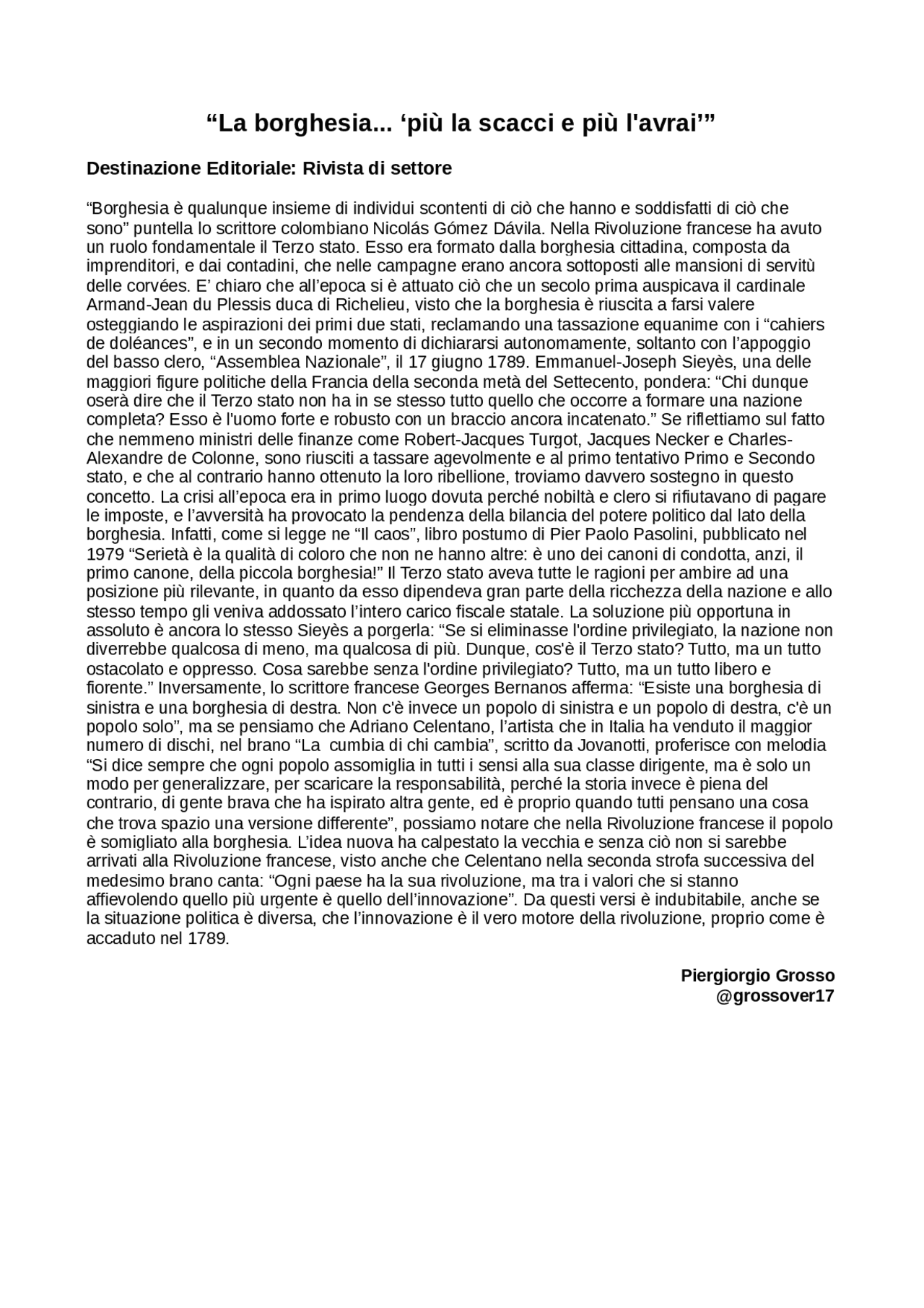 Saggio Breve Sulla Borghesia Docsity