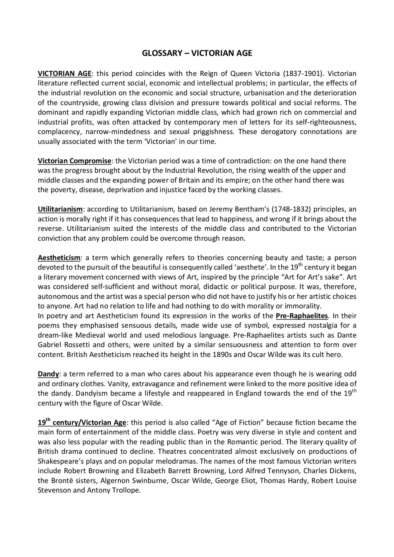 GLOSSARY – VICTORIAN AGE - Docsity