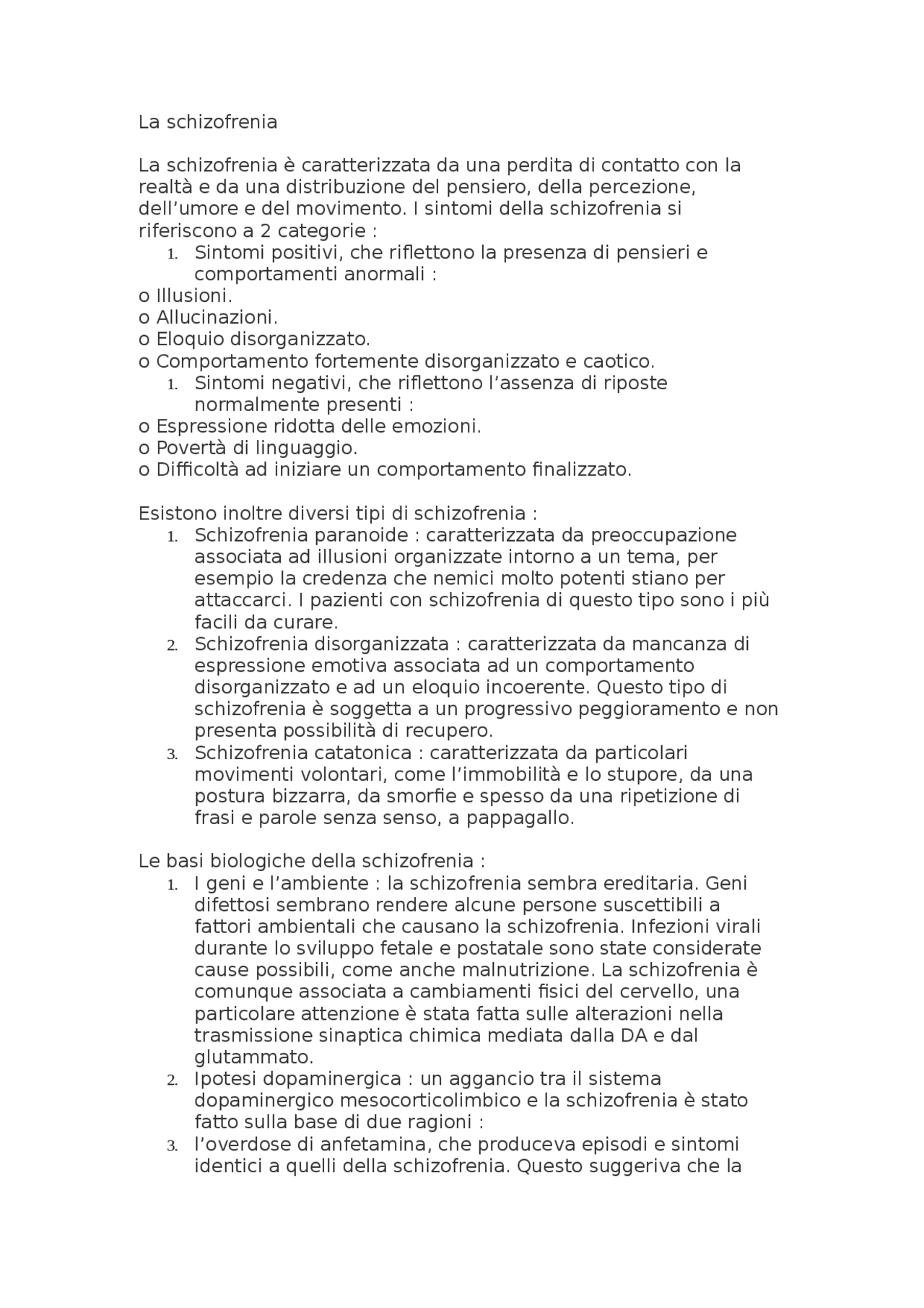 La Schizofrenia Per Esame Neuroscienze Docsity
