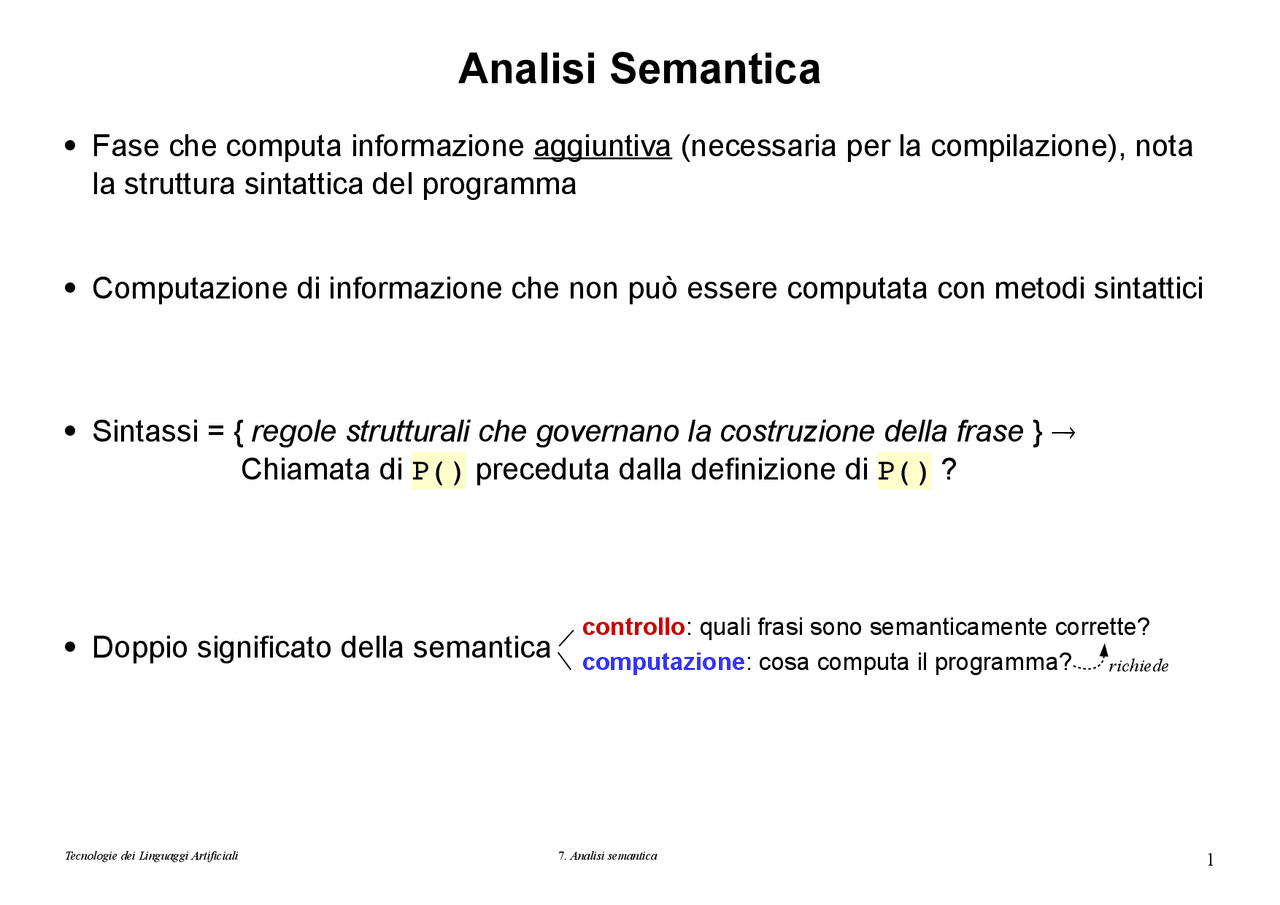 Analisi Semantica Linguaggi Artificiali Compilatori Docsity