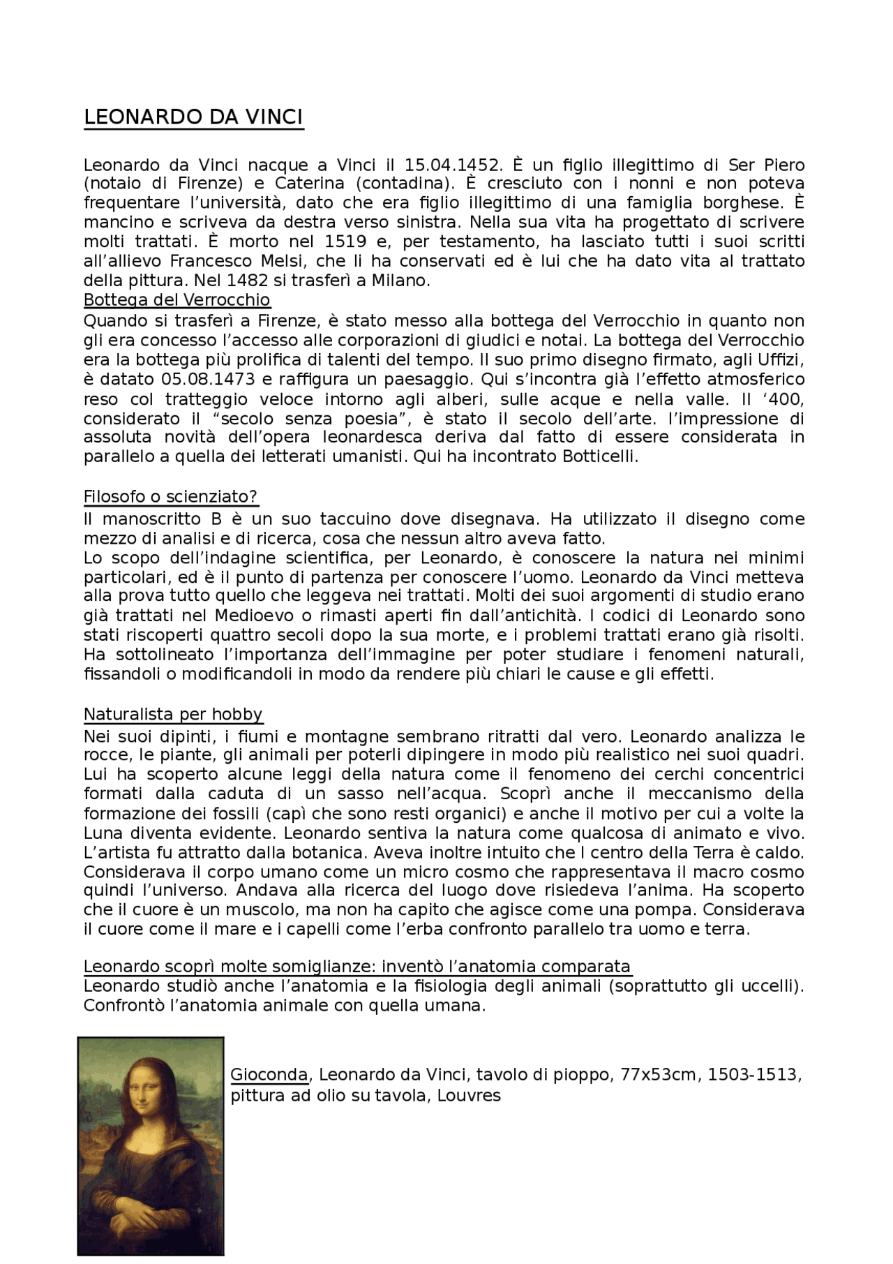 Leonardo Da Vinci Summary Docsity
