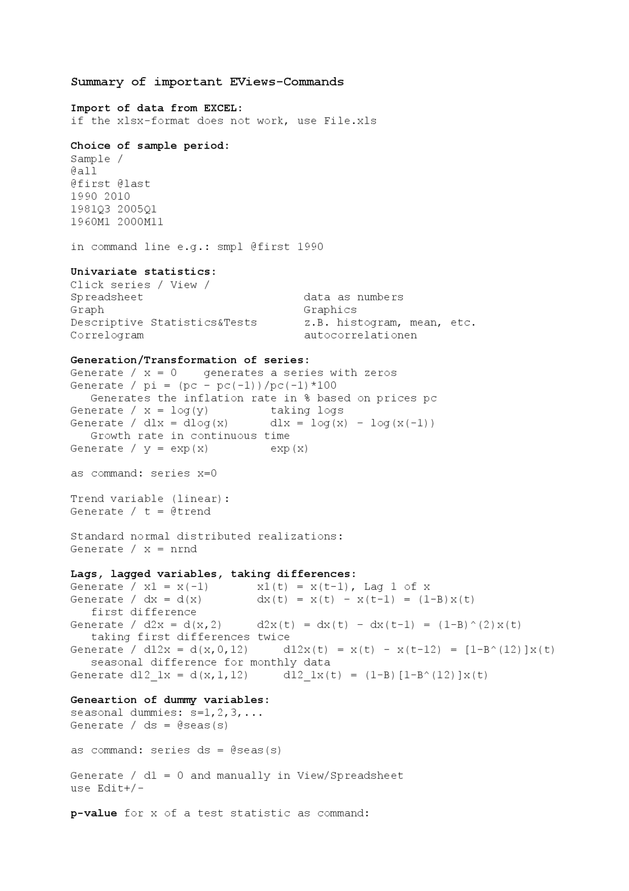 EViews Commands in English - Docsity
