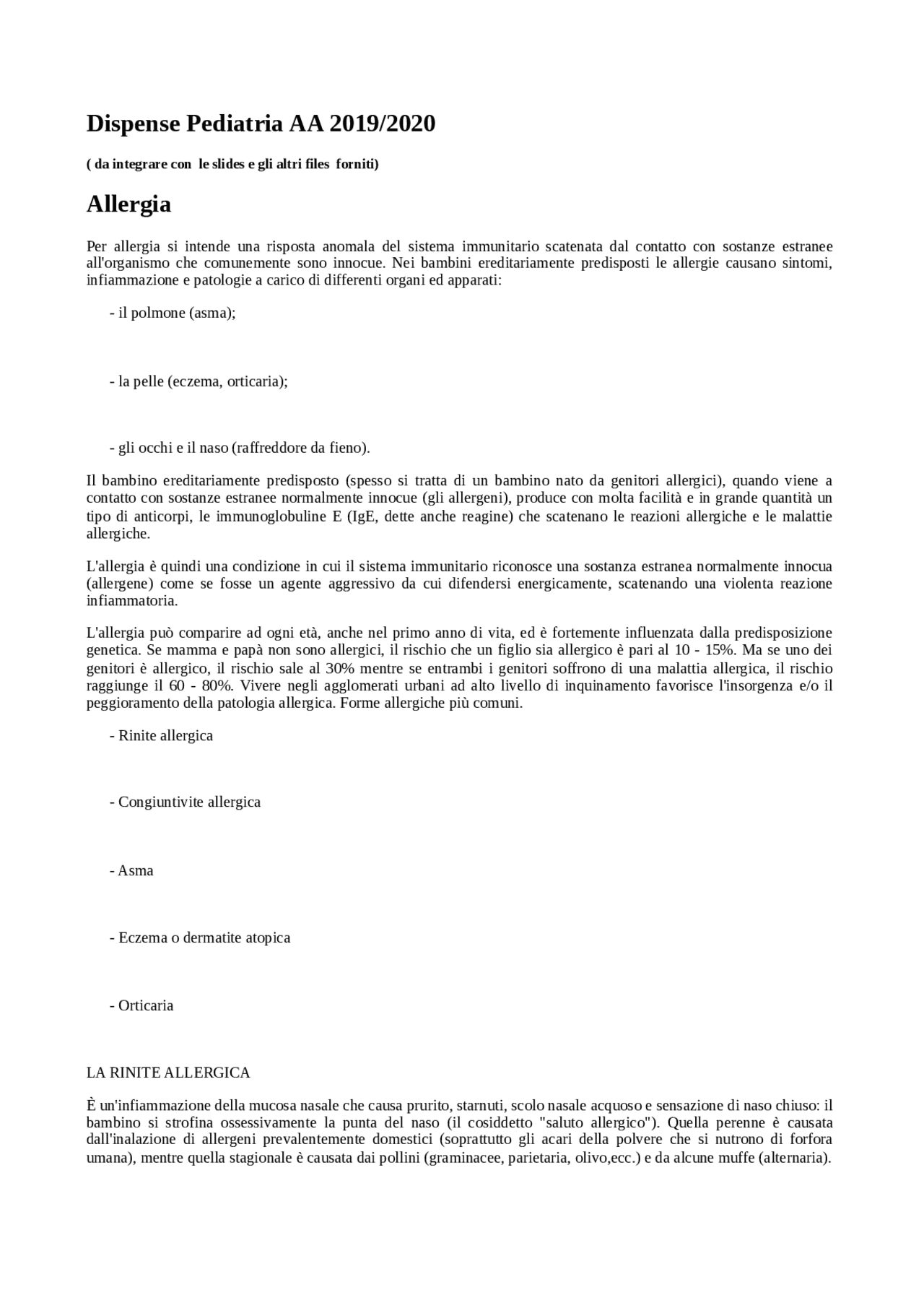 Pediatria Dispense E Riassunti Docsity
