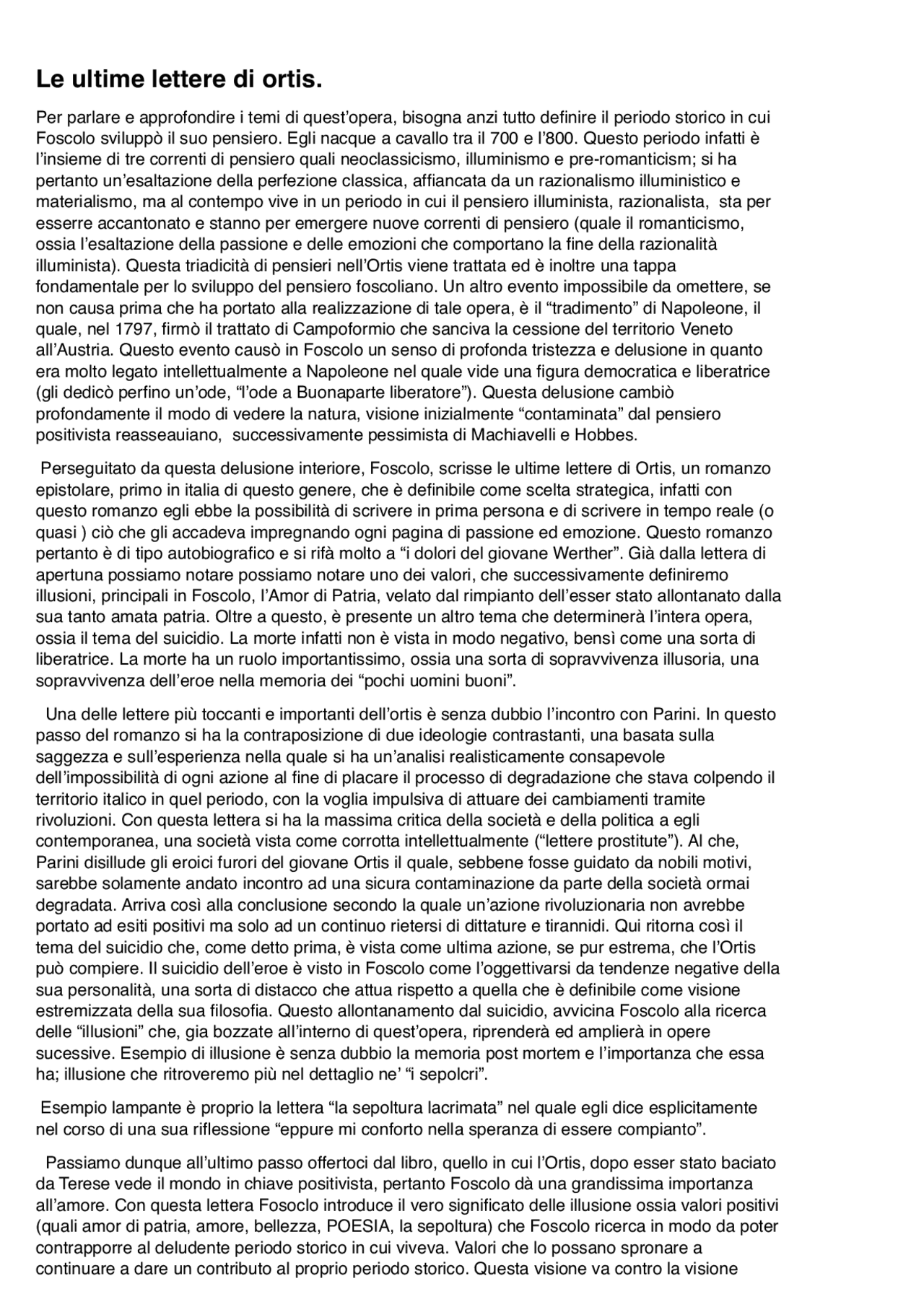 Riassunto Alcune Opere Di Foscolo Docsity