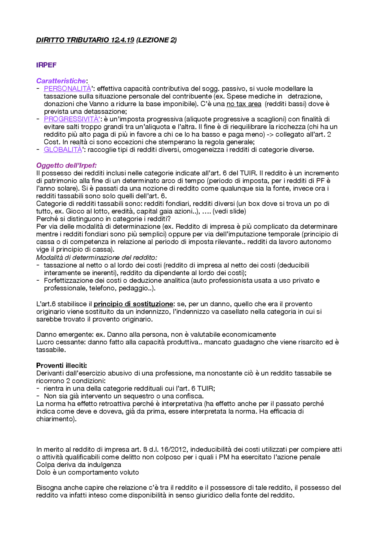 Lezioni Diritto Tributario Docsity