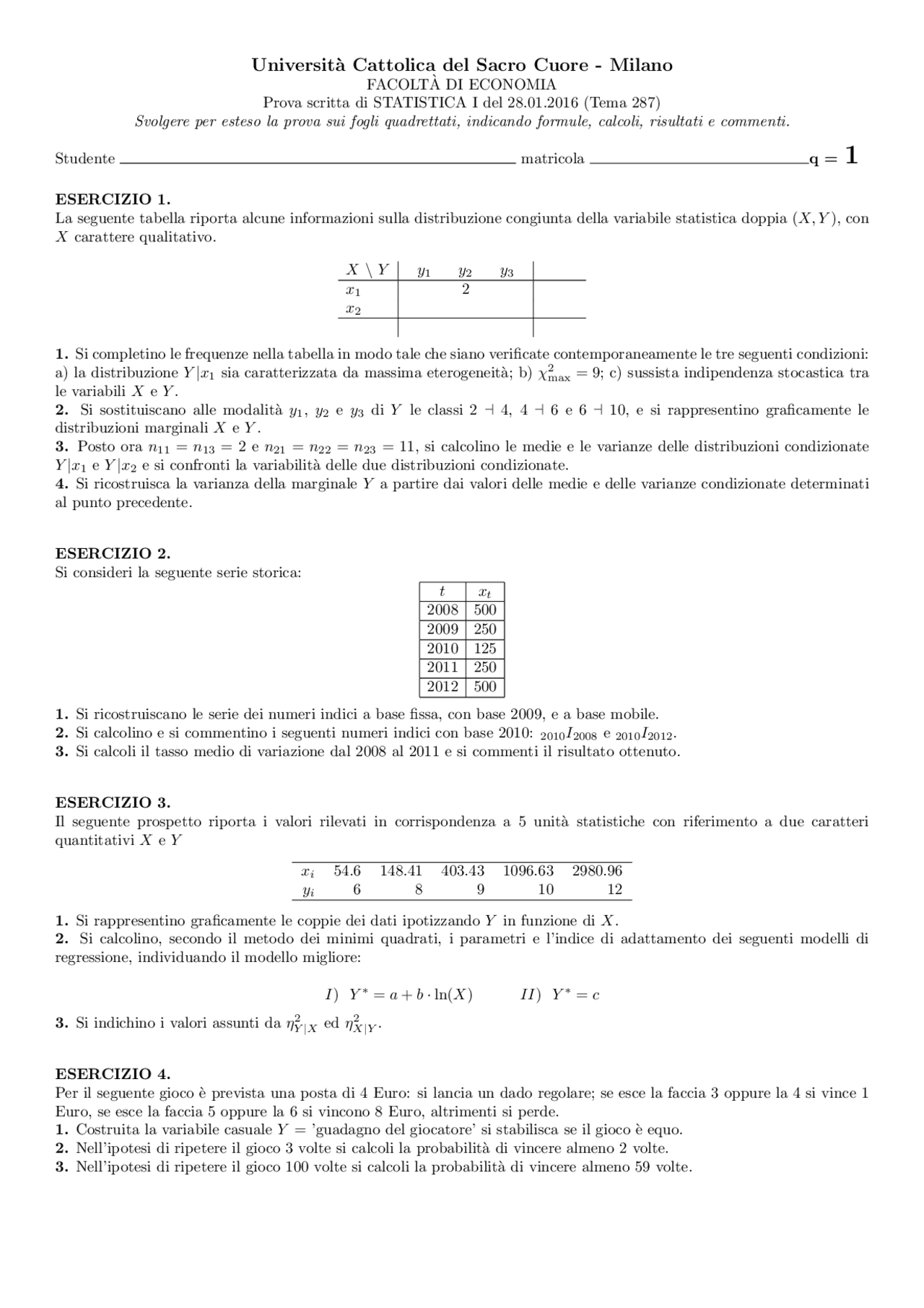Esame Statistica 2015 2016 Docsity