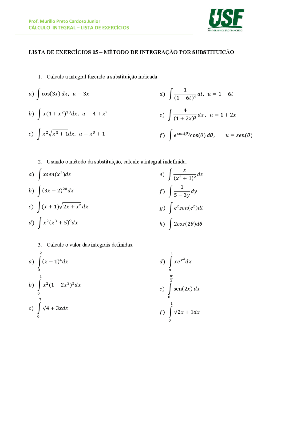 Lista De Exercícios De Cálculo Integral Docsity