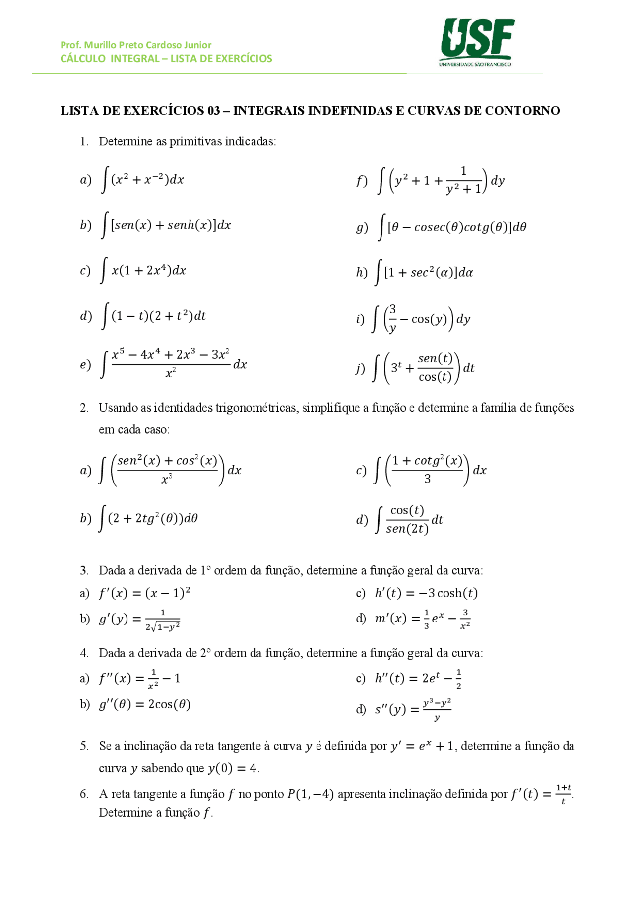 Lista De Exercícios De Cálculo Integral Docsity