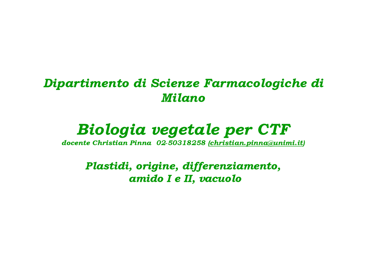 Biologia vegetale: plastidi e vacuoli | Appunti di Biologia | Docsity