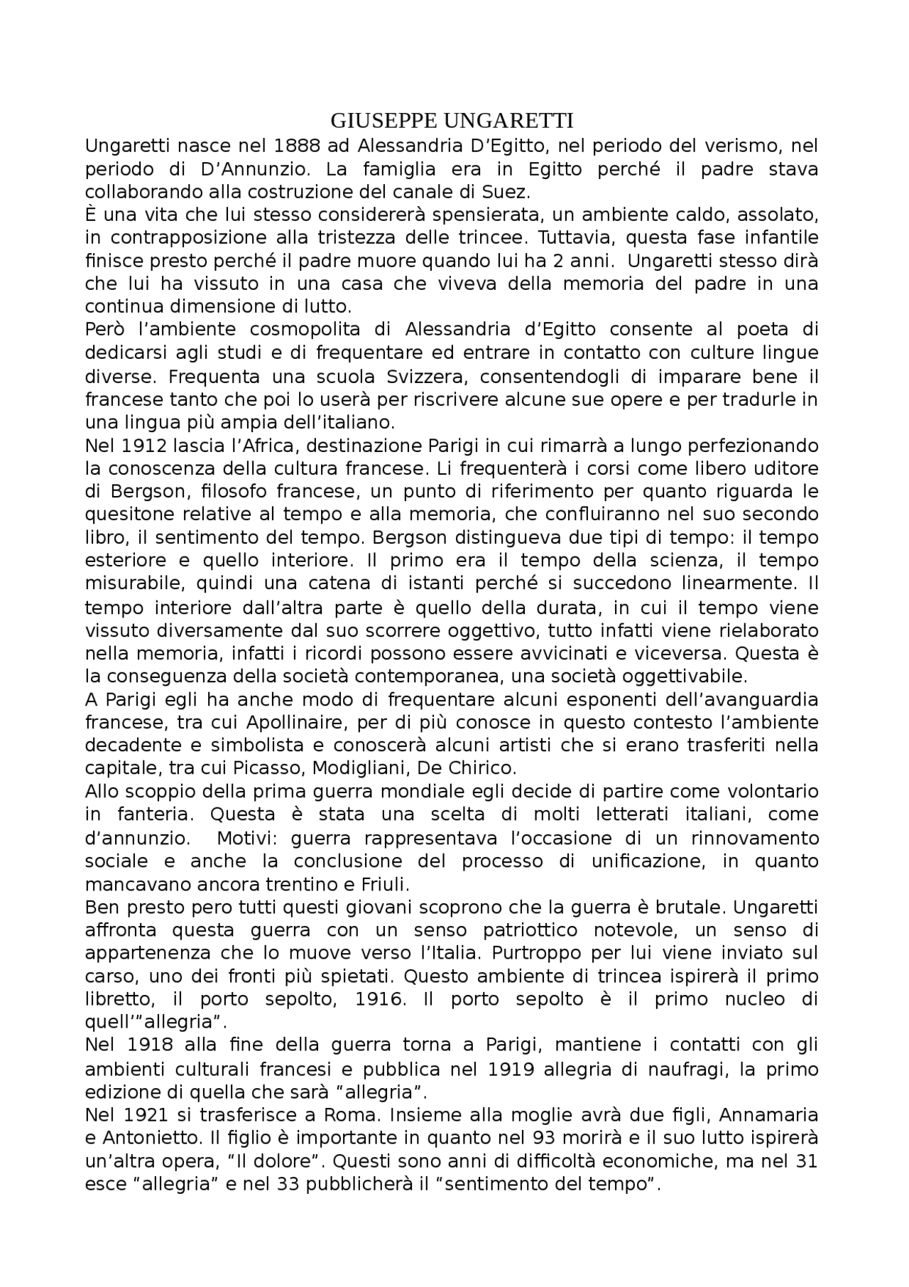 Ungaretti Vita E Opere Docsity