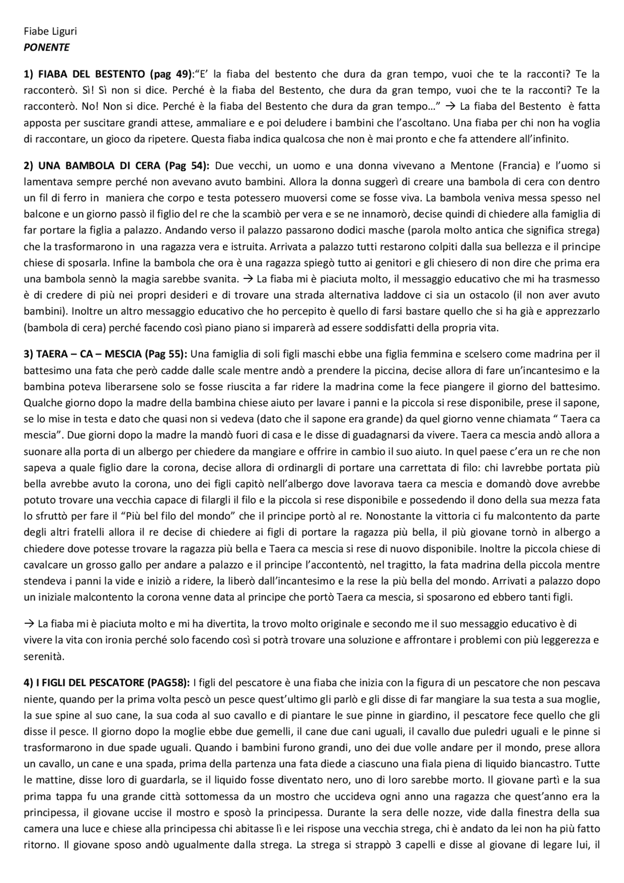 Fiabe Liguri Riassunto Docsity