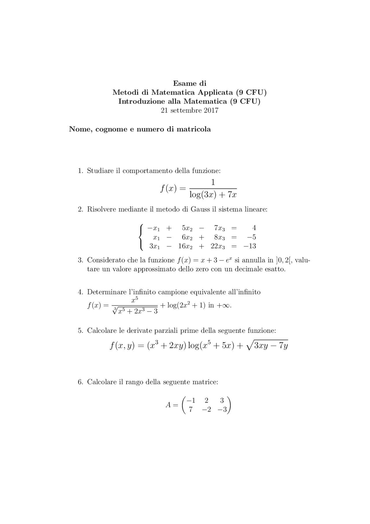 Tracce Matematica Parthenope Prove Desame Di Matematica Docsity
