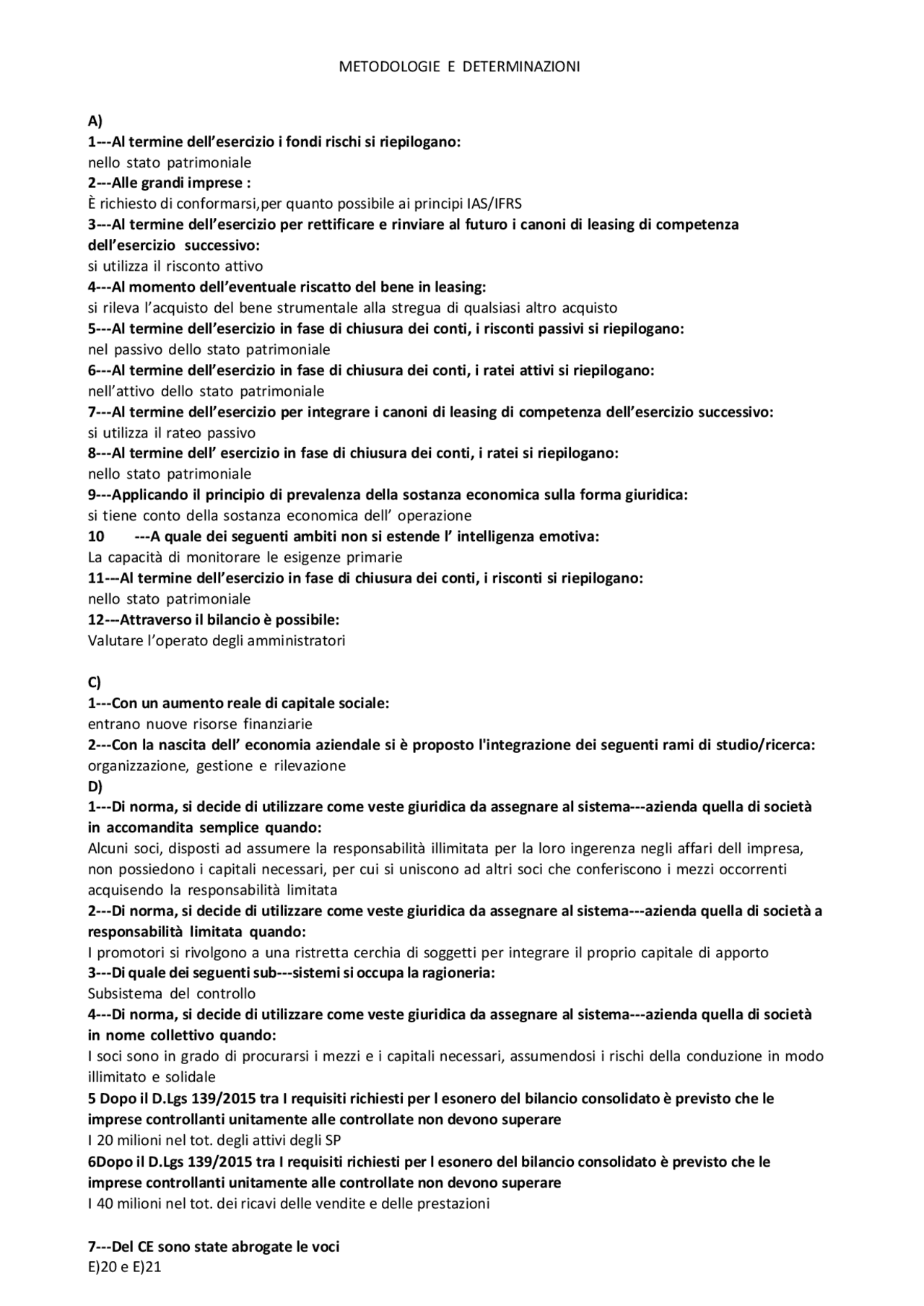 Metodologie E Determinazioni Quantitative Dazienda Prove Desame Di