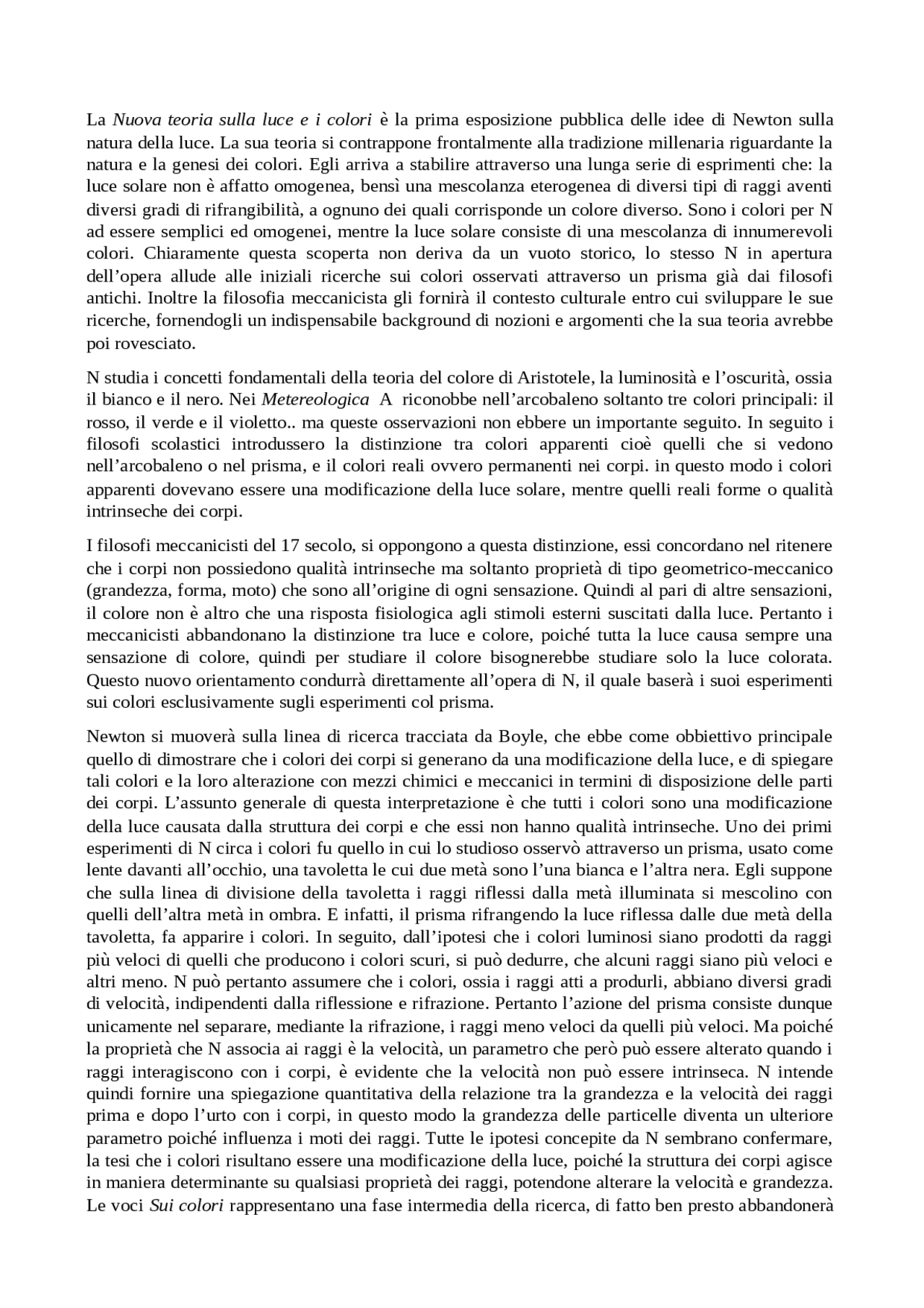 Teoria Della Luce Newton Docsity