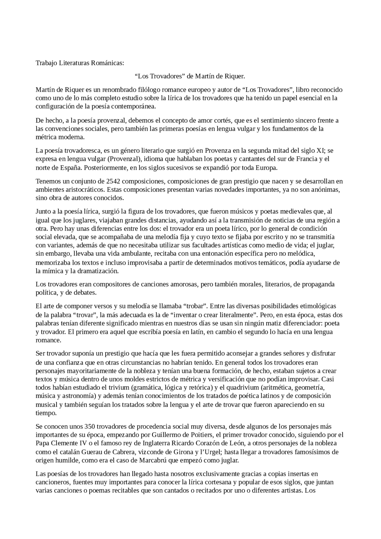Literatura Romanica Los Trovadores” De Martín De Riquer Docsity