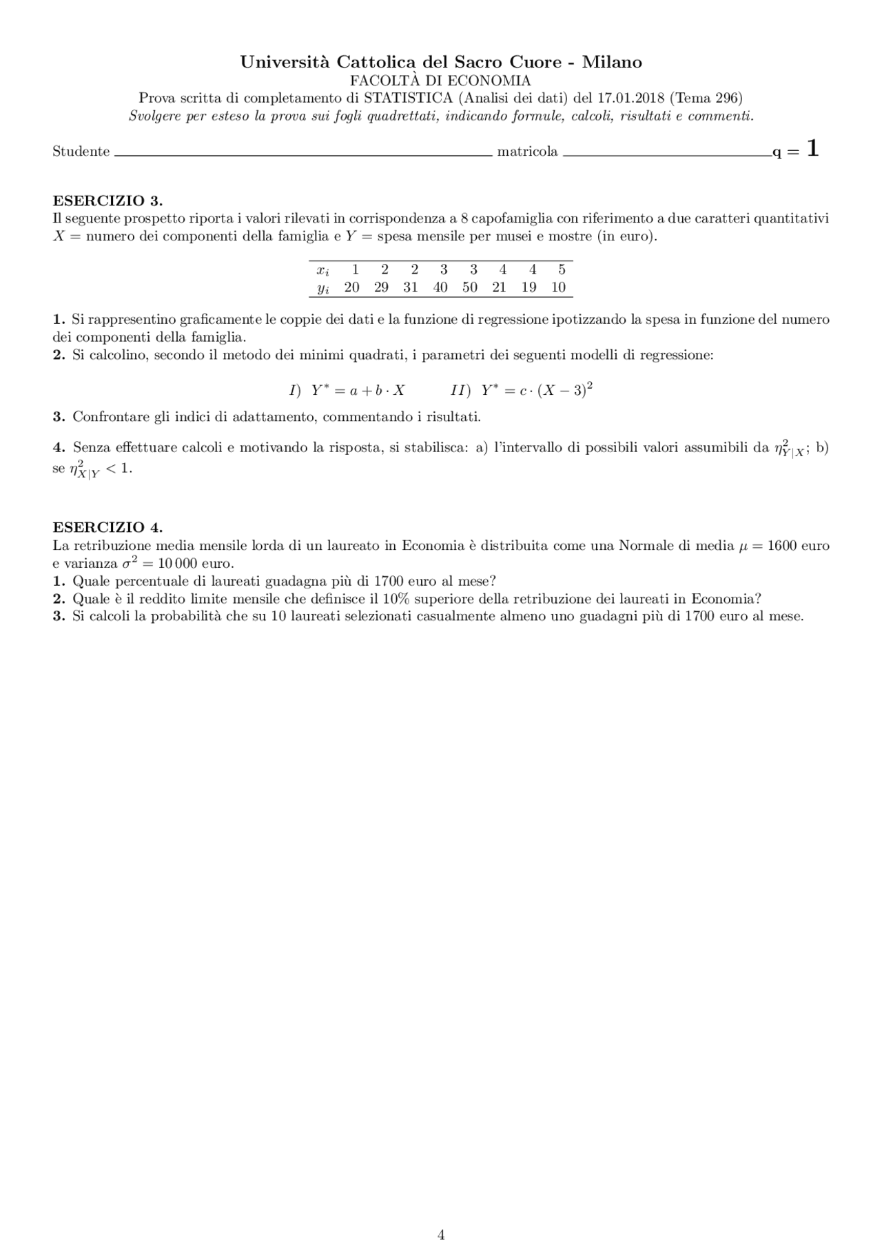 Esame Statistica 2017 2018 Docsity