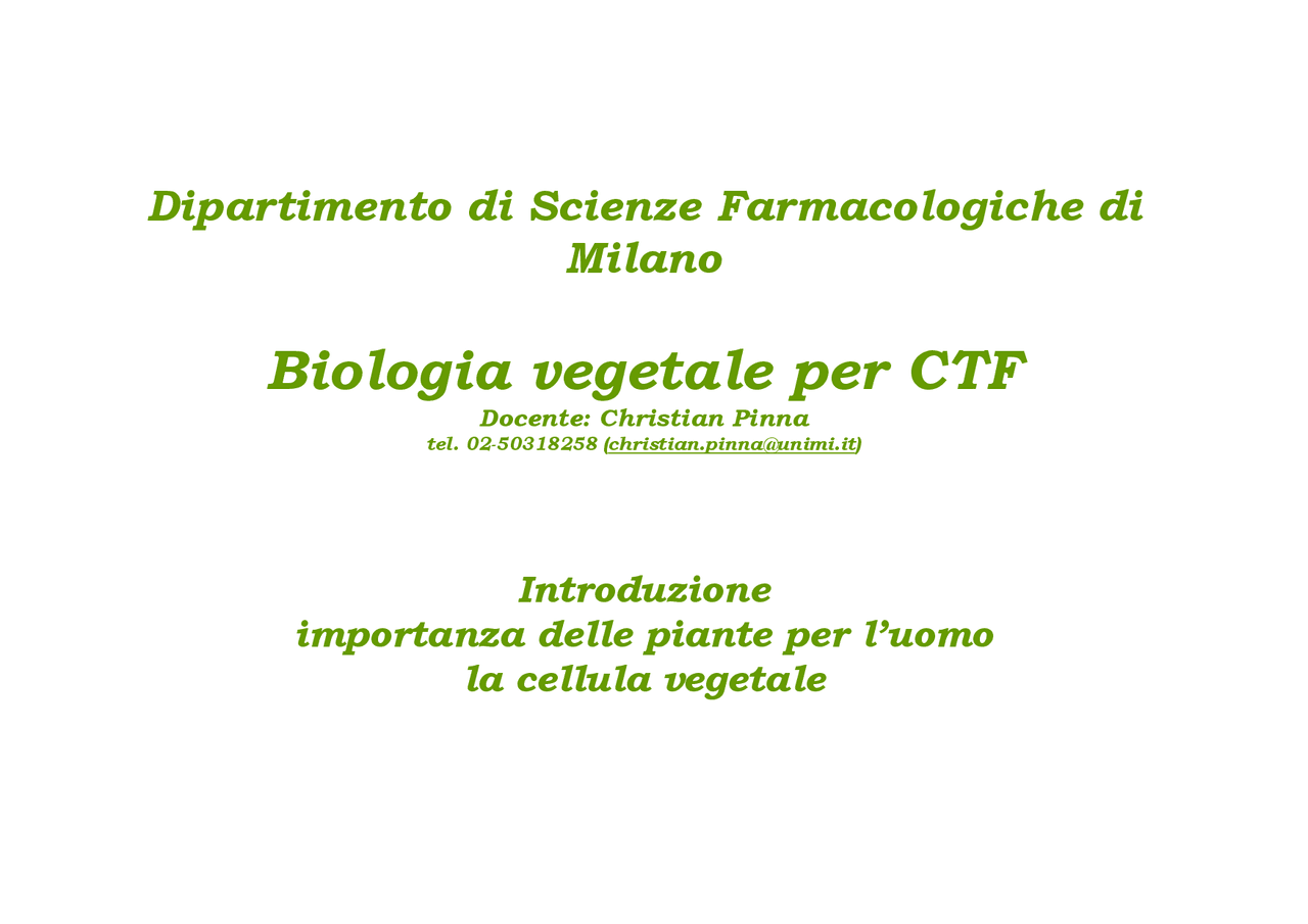 Biologia vegetale: cellula vegetale introduzione - Docsity